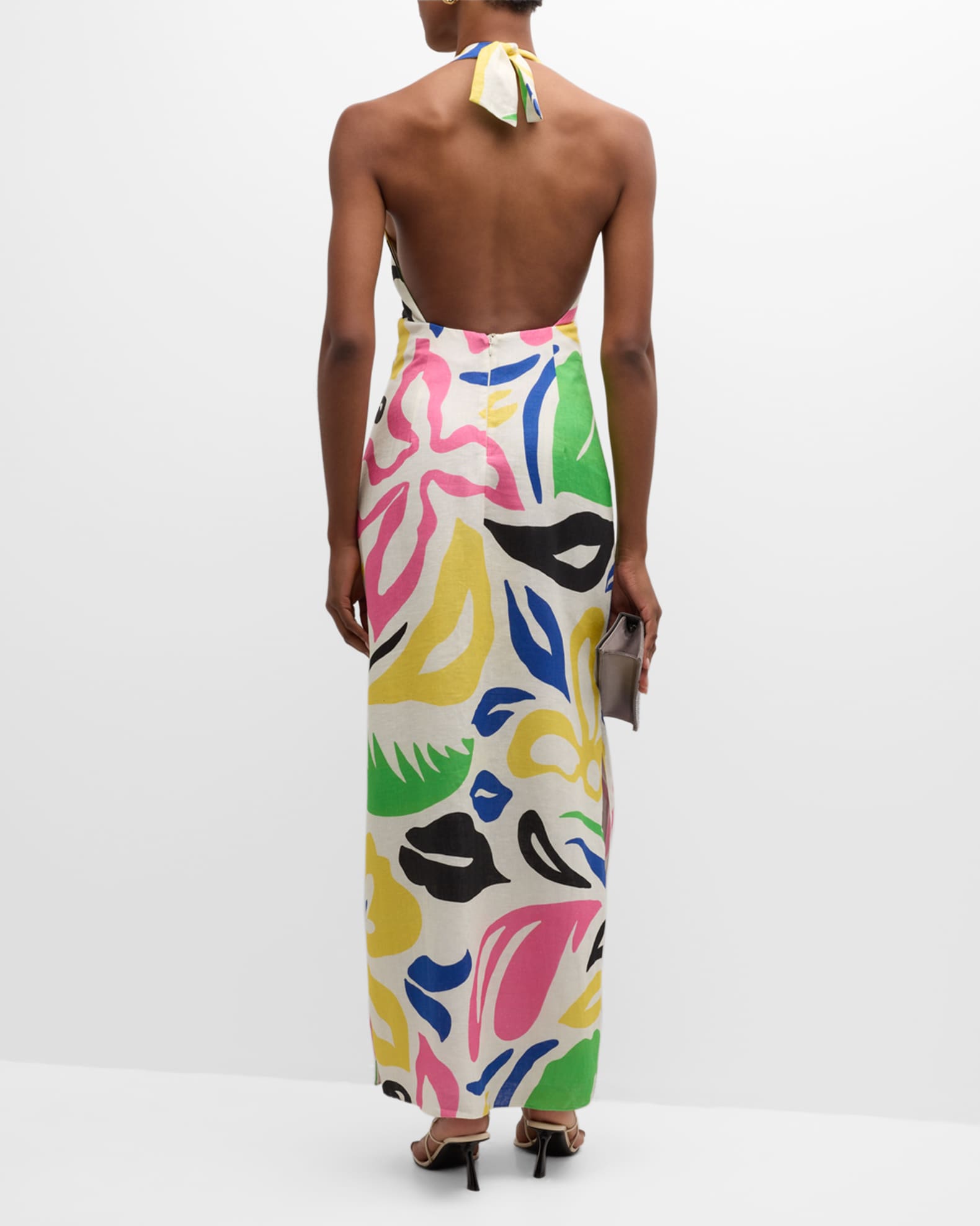 Cala de la Cruz Eli Floral Linen Long Backless Halter Dress | Neiman Marcus
