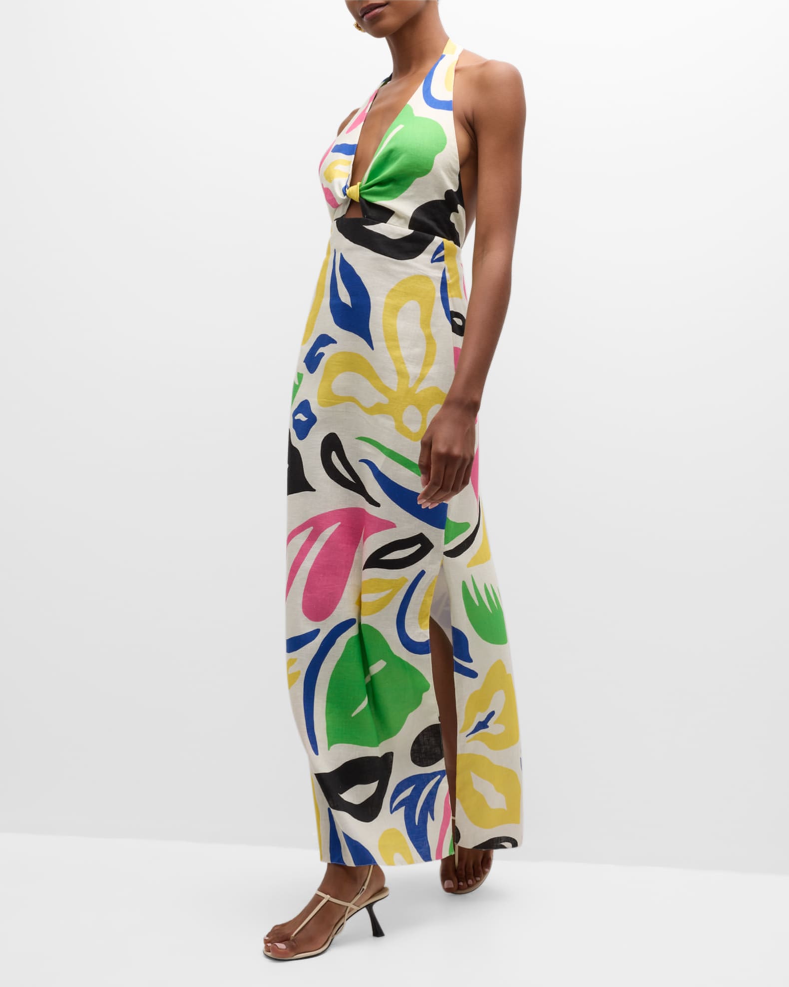 Cala de la Cruz Eli Floral Linen Long Backless Halter Dress | Neiman Marcus