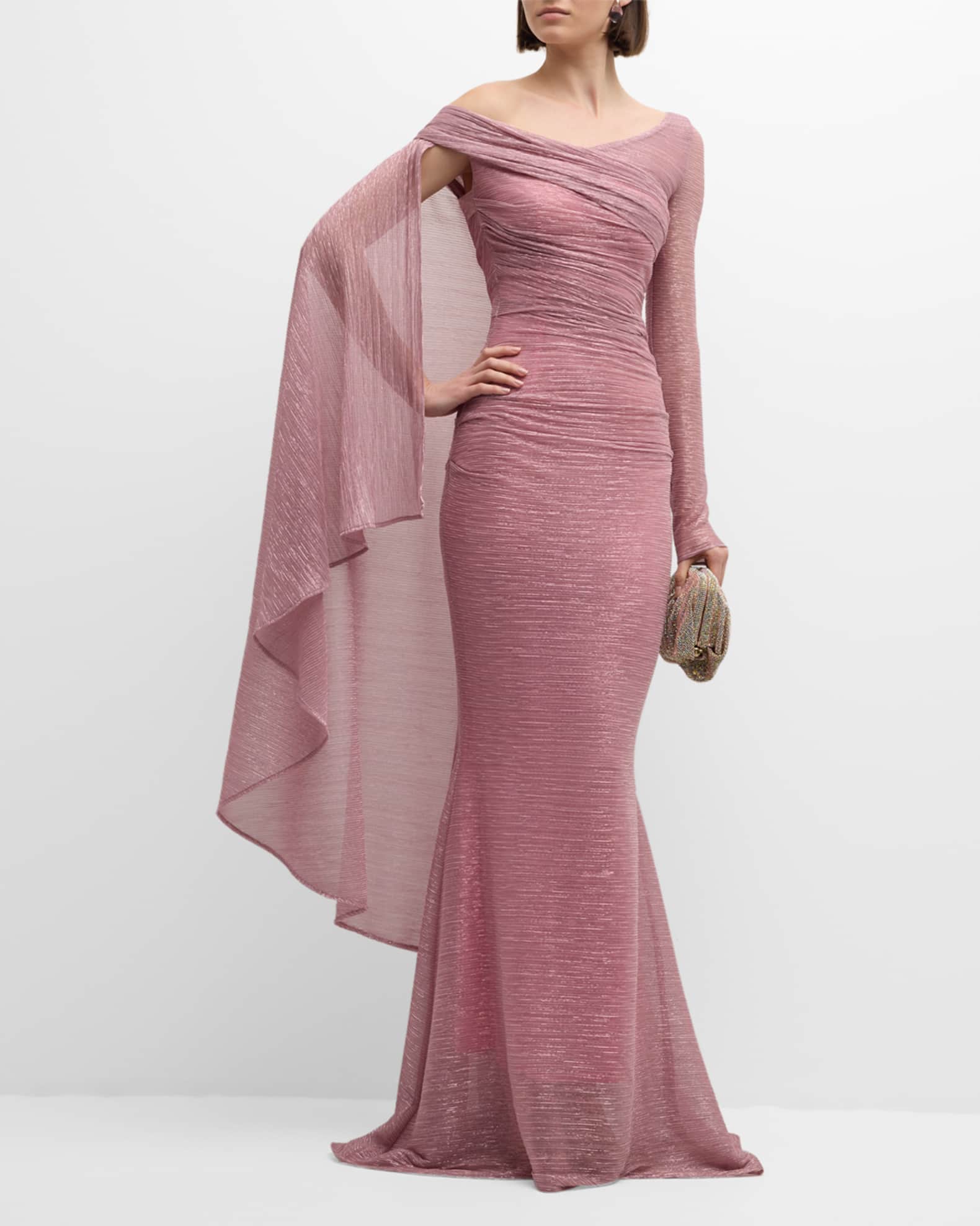 Talbot Runhof Metallic Voile Off-The-Shoulder Cape Gown | Neiman Marcus