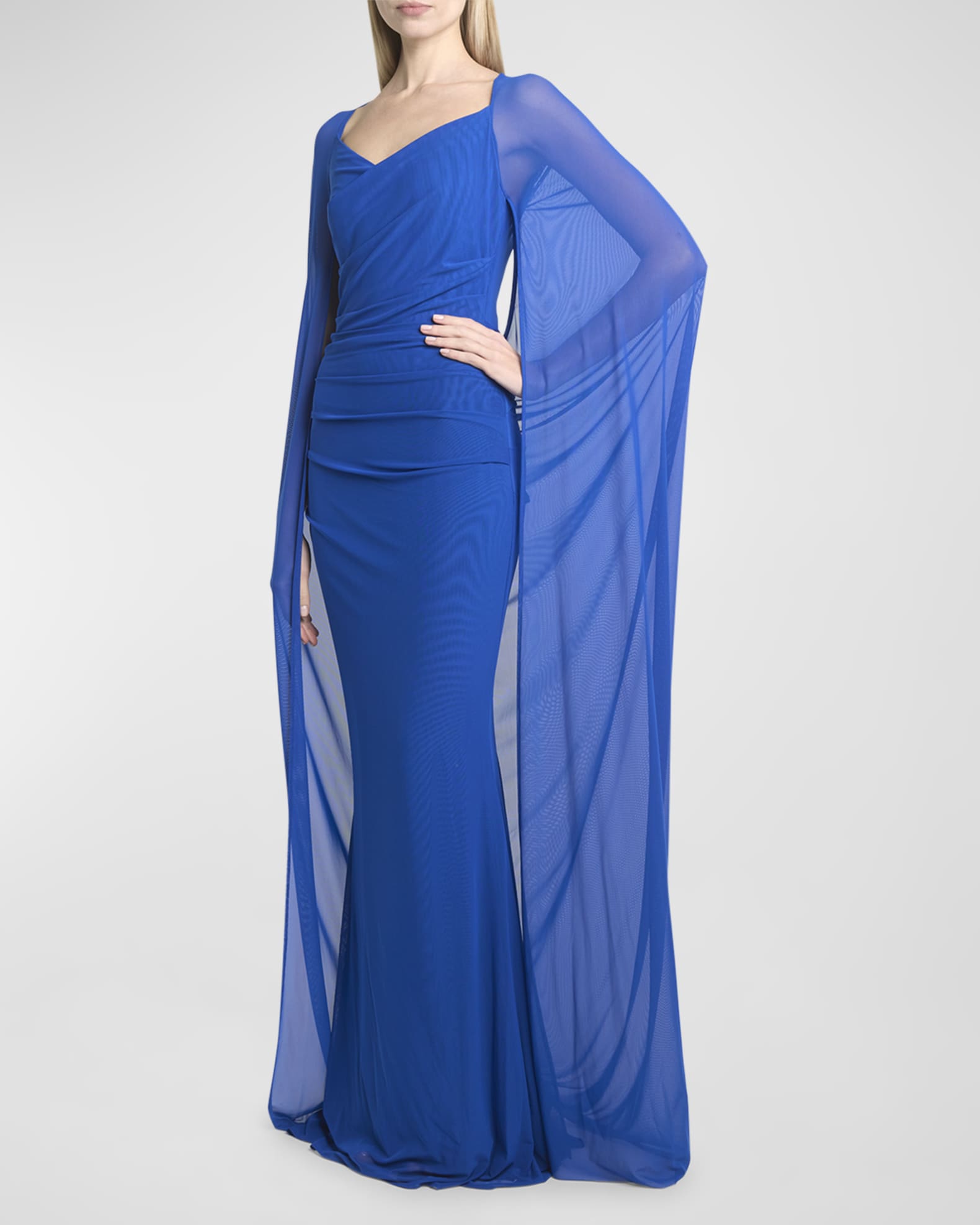 Talbot Runhof Stretch Tulle Cape Gown | Neiman Marcus