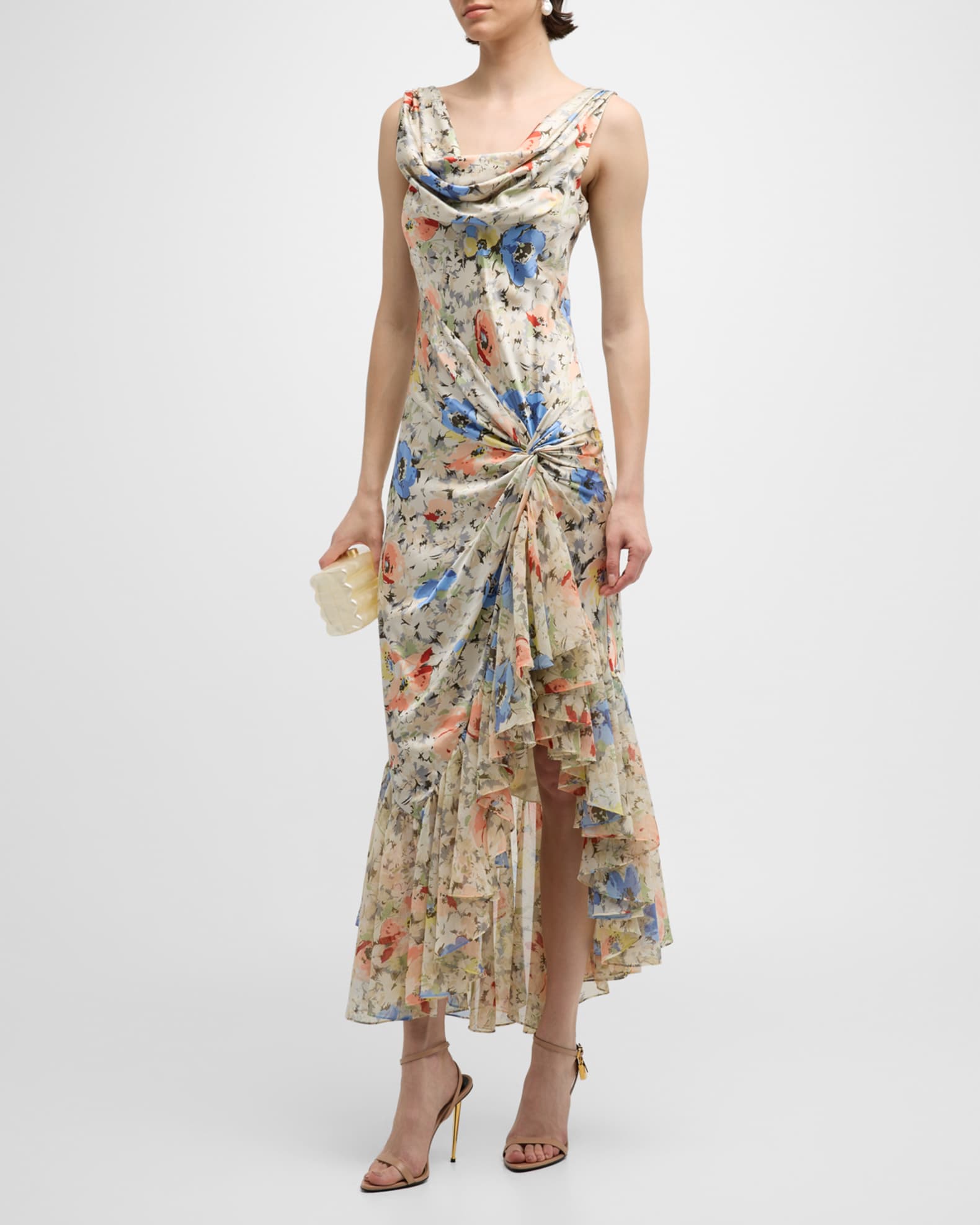 Cinq a Sept Ciara Floral Silk Sleeveless Ruffled Flounce Midi Dress | Neiman Marcus