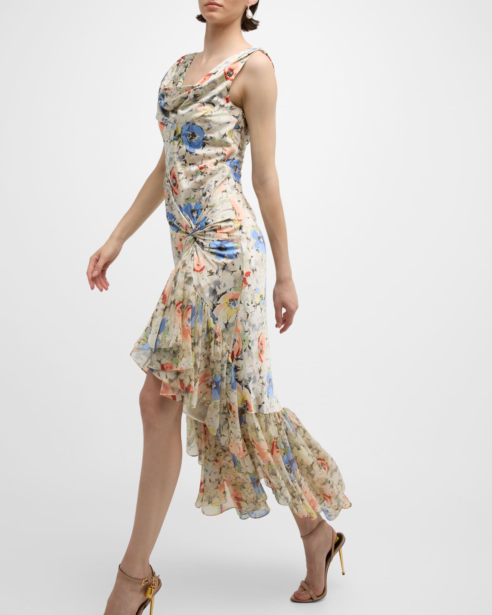 Cinq a Sept Ciara Floral Silk Sleeveless Ruffled Flounce Midi Dress | Neiman Marcus