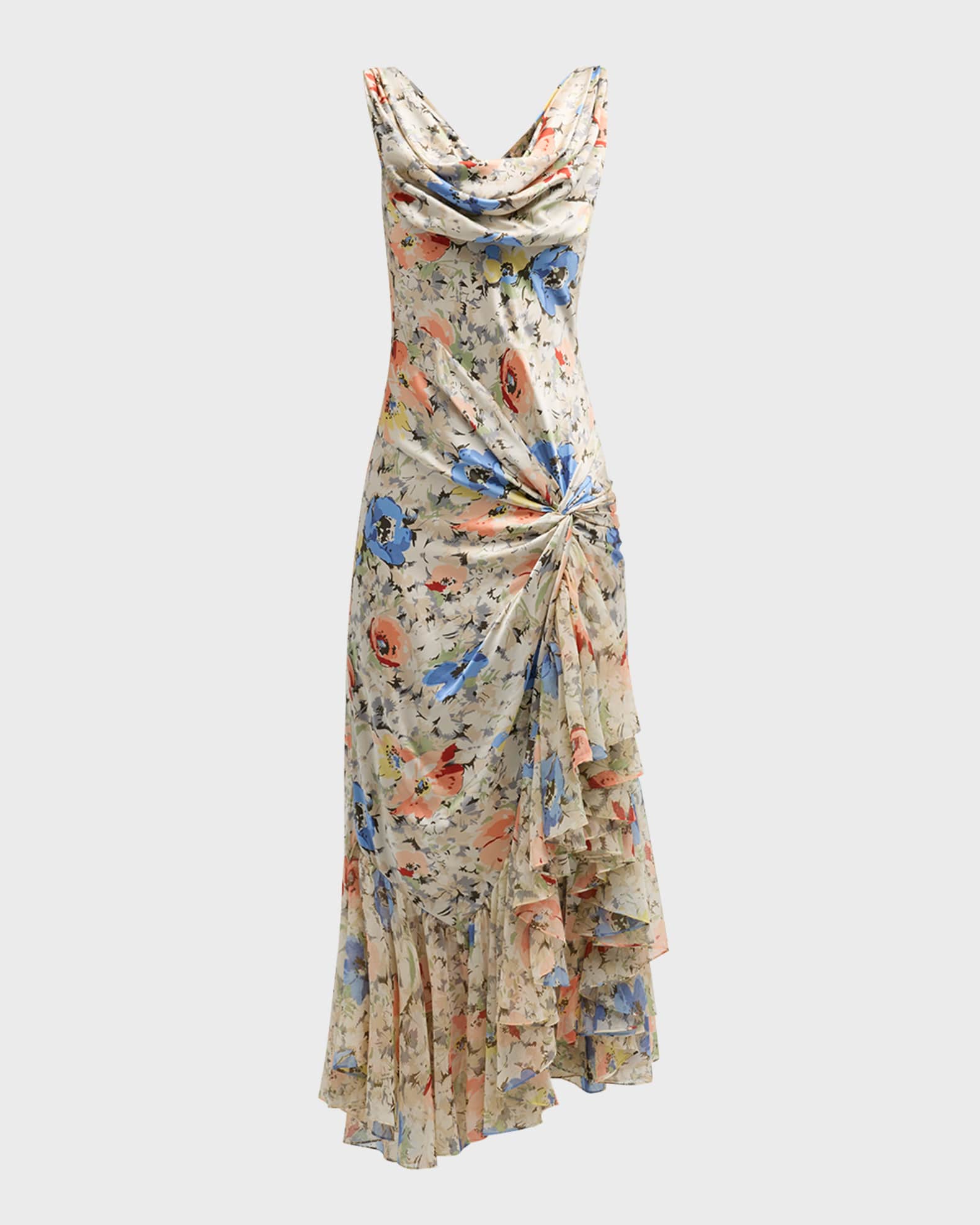 Cinq a Sept Ciara Floral Silk Sleeveless Ruffled Flounce Midi Dress | Neiman Marcus