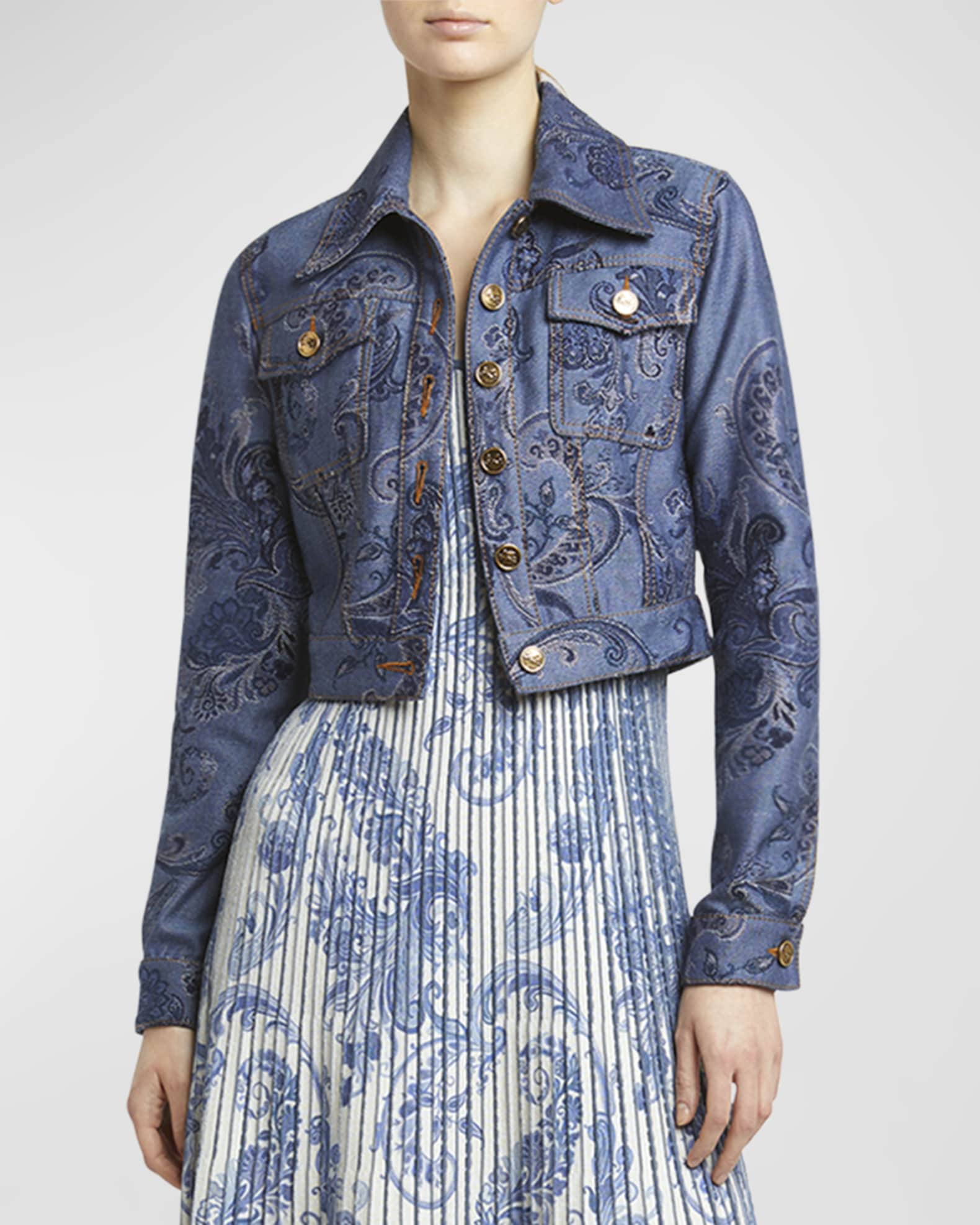 Etro Etch Paisley Denim Cropped Jacket | Neiman Marcus
