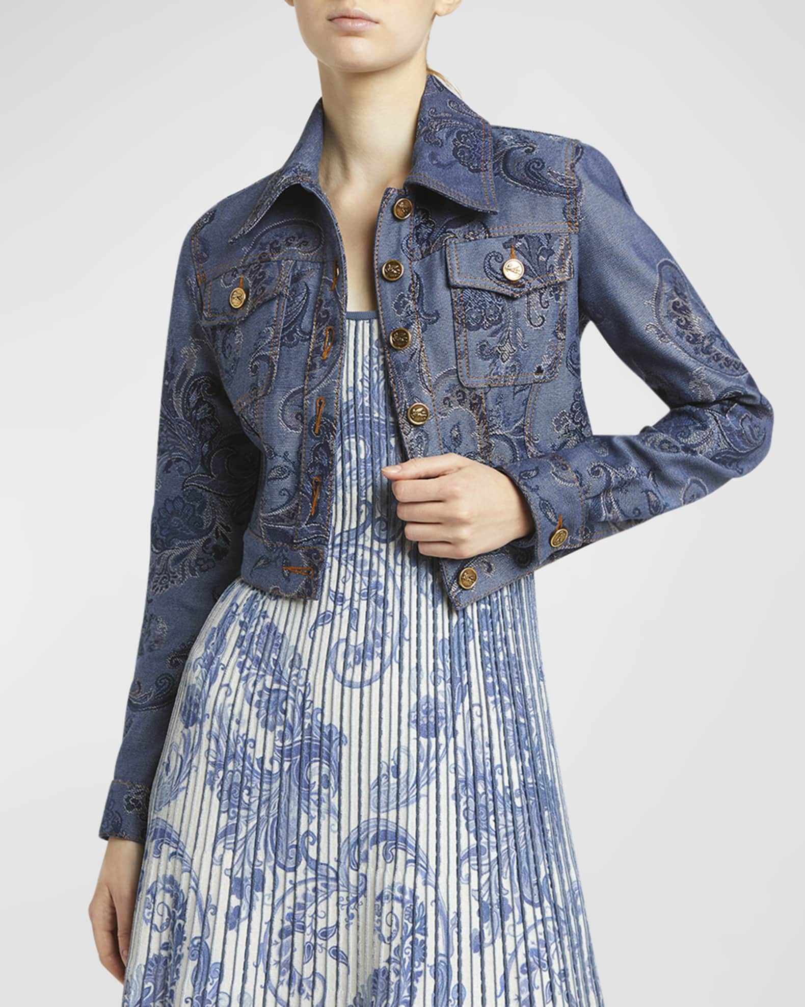 Etro Etch Paisley Denim Cropped Jacket | Neiman Marcus