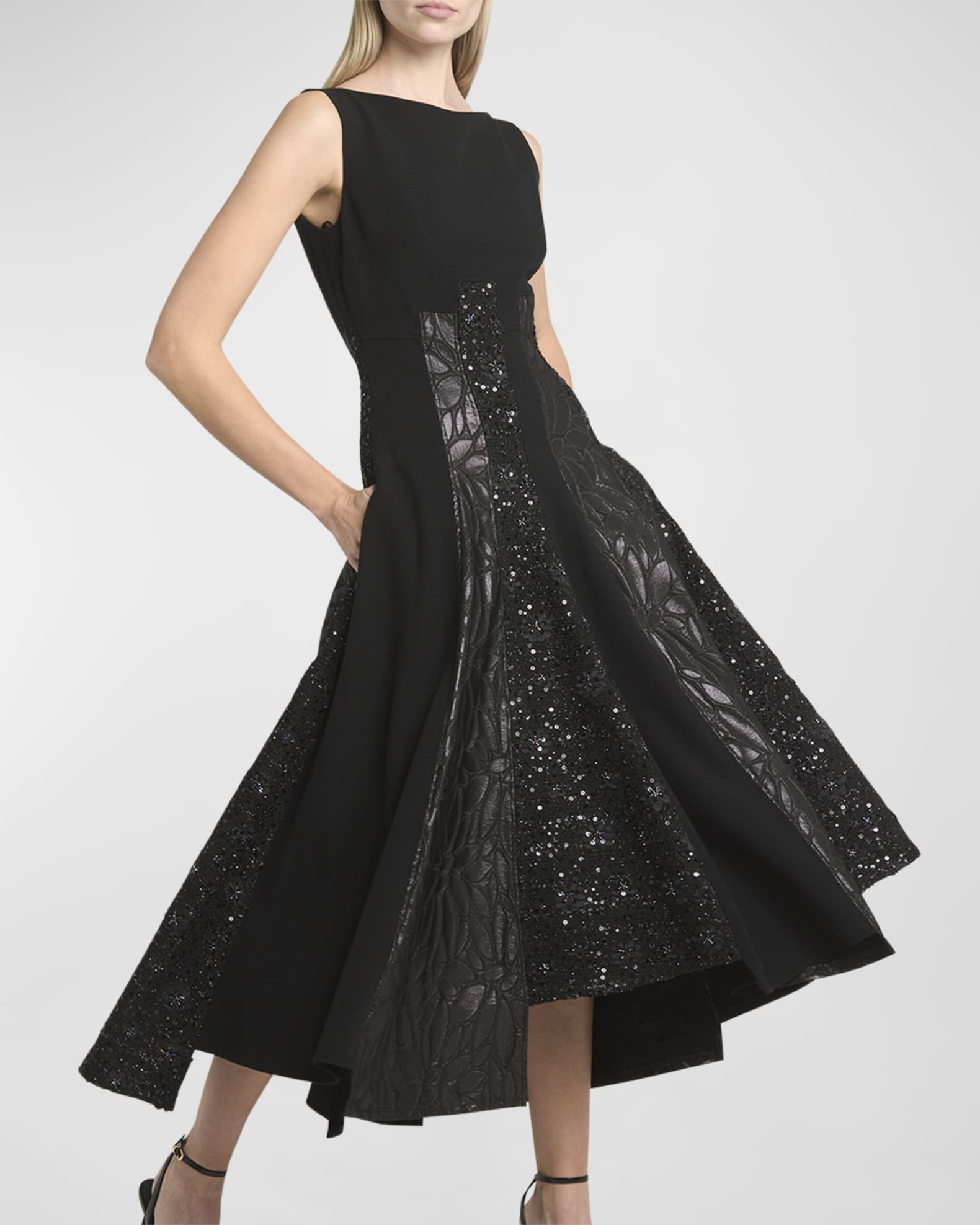 Talbot Runhof Mixed-Media Black Iris Tweed Paneled Midi Dress | Neiman ...