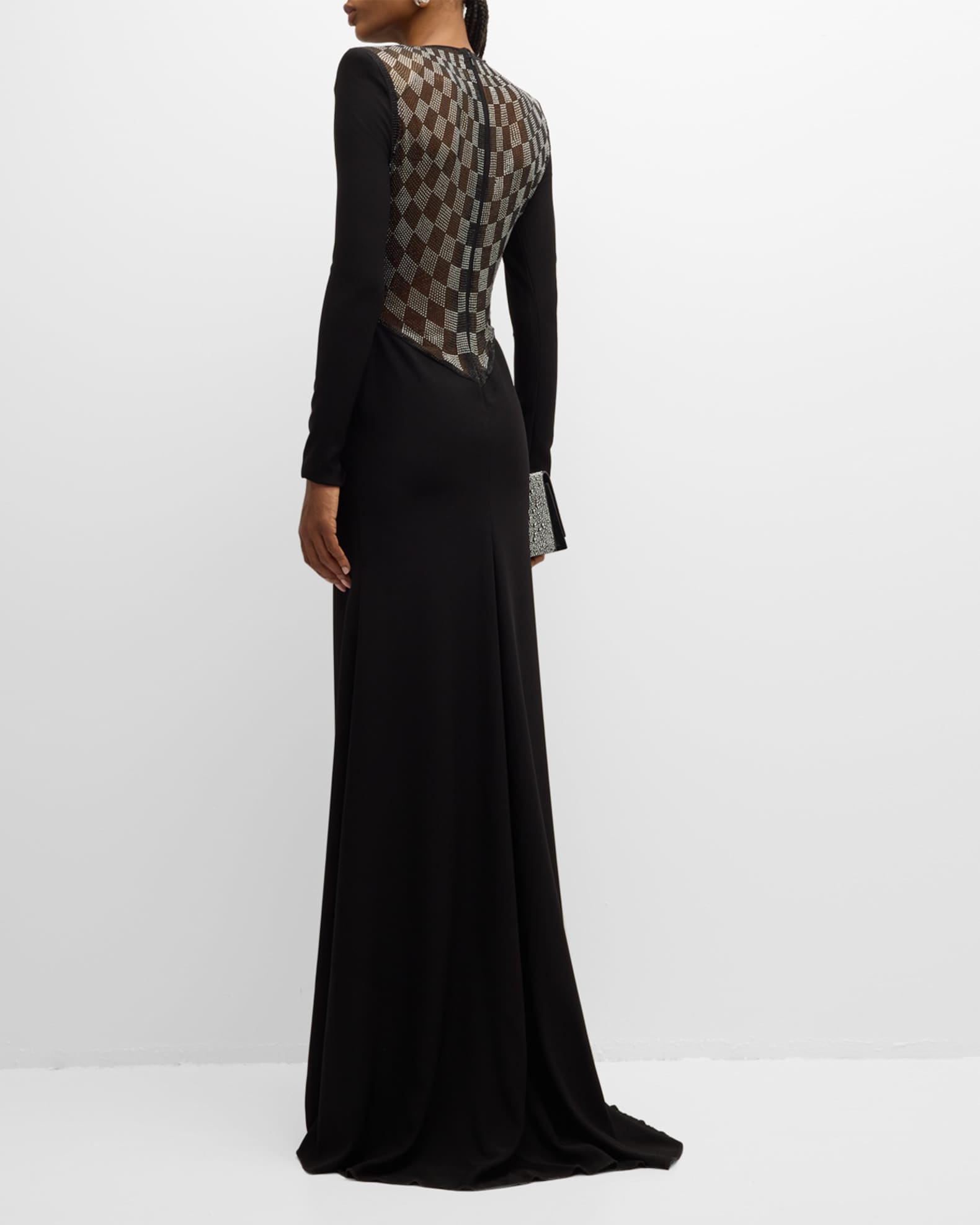 Naeem Khan Checker Crystal-Back Strong-Shoulder Crepe Gown | Neiman Marcus
