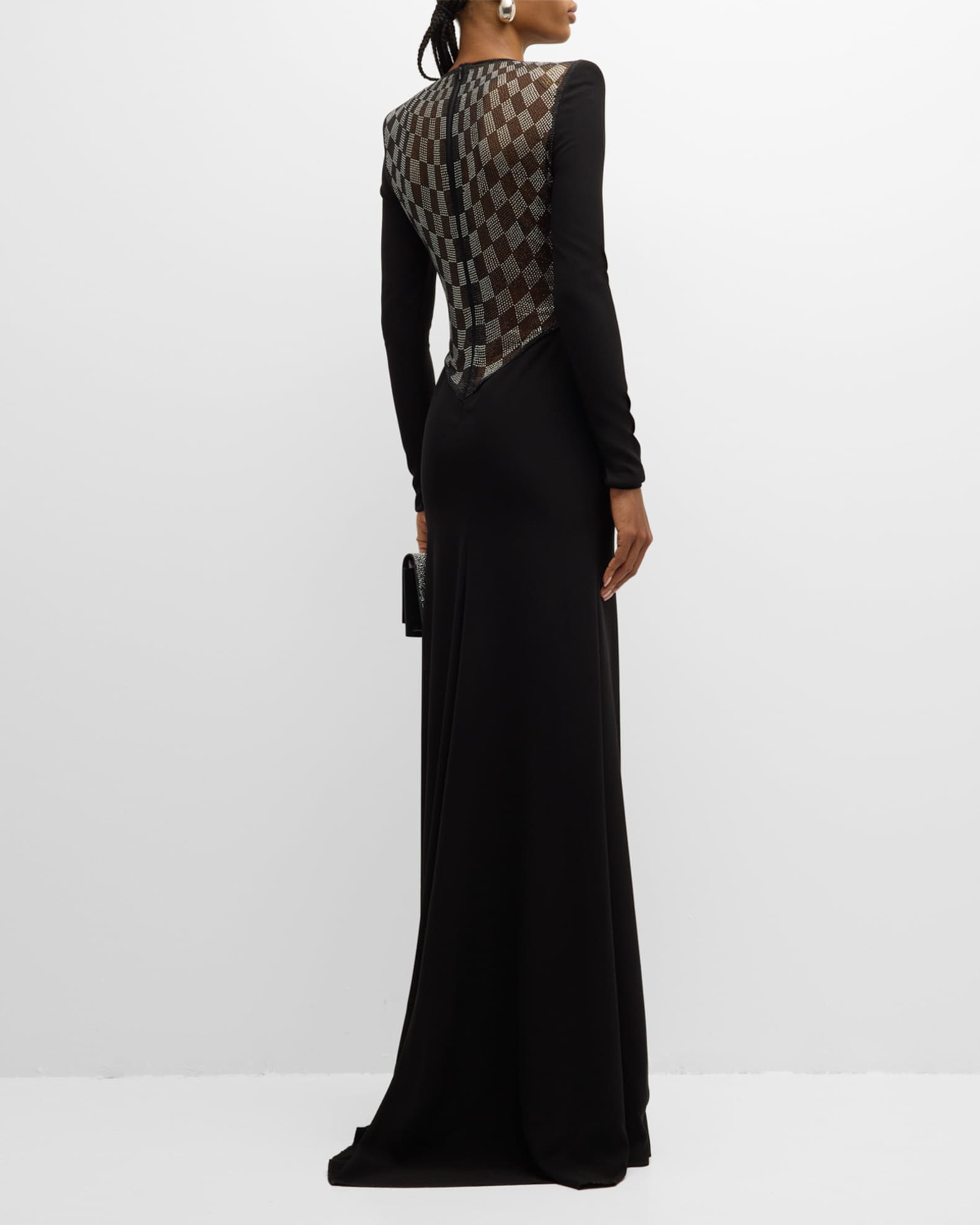 Naeem Khan Checker Crystal-Back Strong-Shoulder Crepe Gown | Neiman Marcus