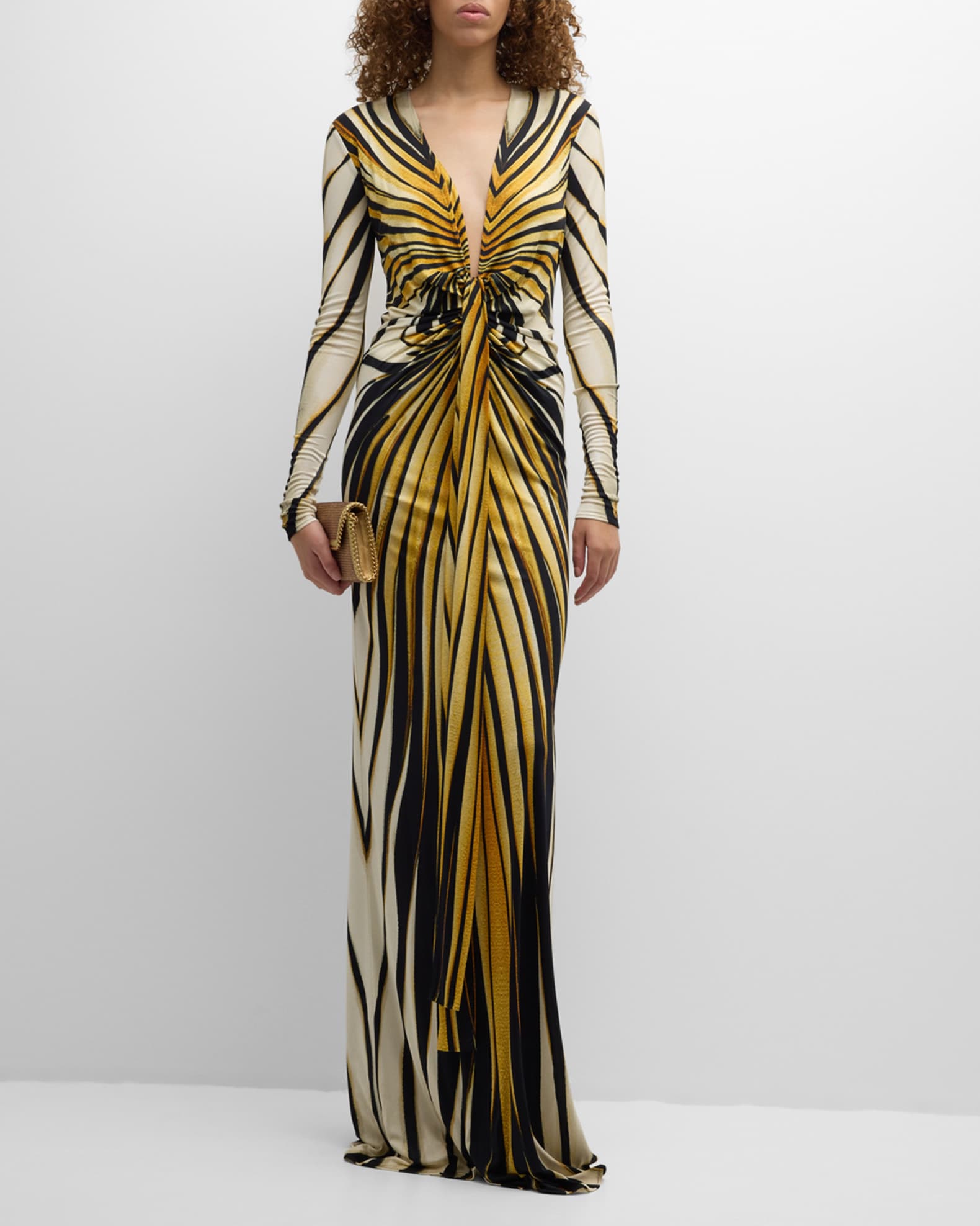 Roberto Cavalli Long Printed Knot-Front Gown | Neiman Marcus