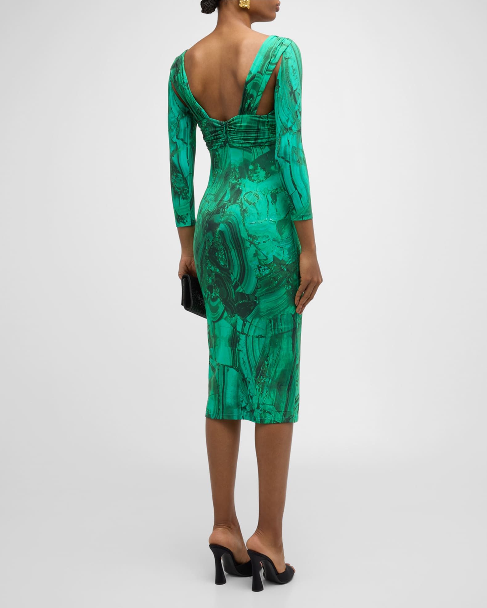 Roberto Cavalli Plunging Claw U-Ring 3/4-Sleeve Midi Dress | Neiman Marcus