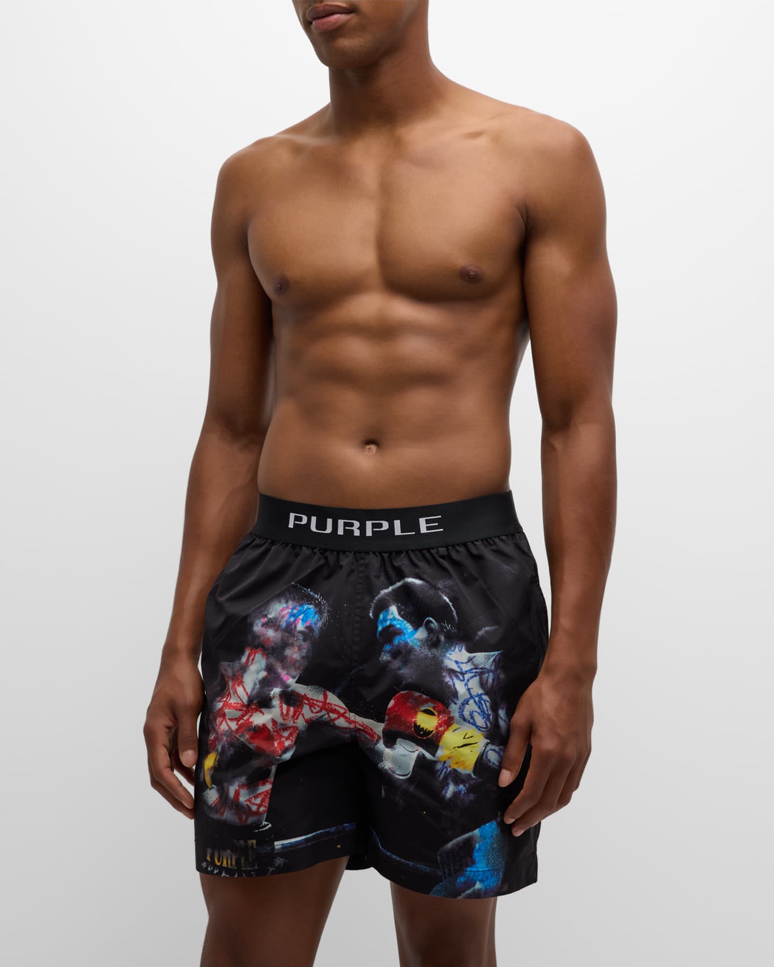 PURPLE Men's Printed Logo-Band Swim Shorts | Neiman Marcus