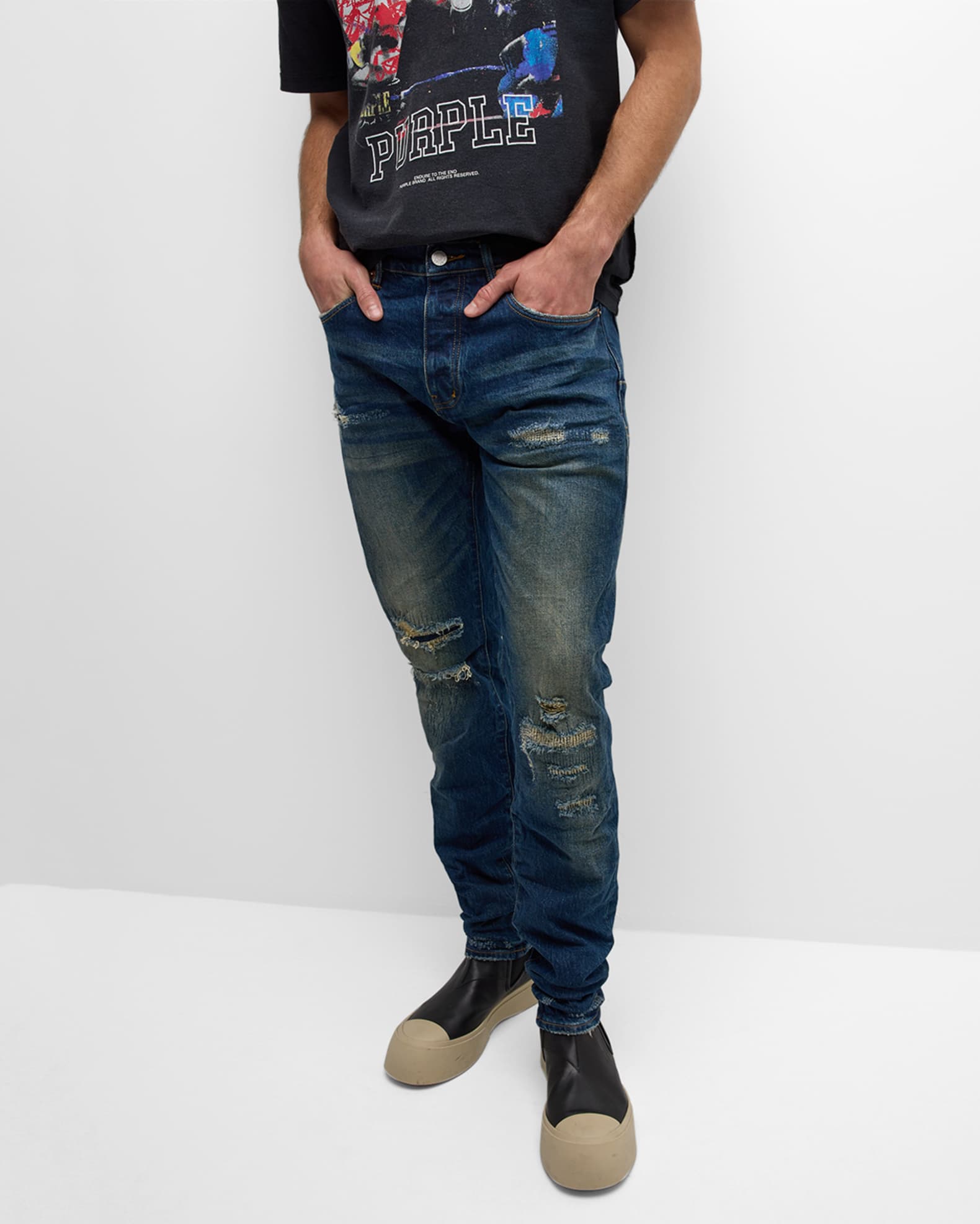 PURPLE Men's Distressed Tapered Jeans | Neiman Marcus