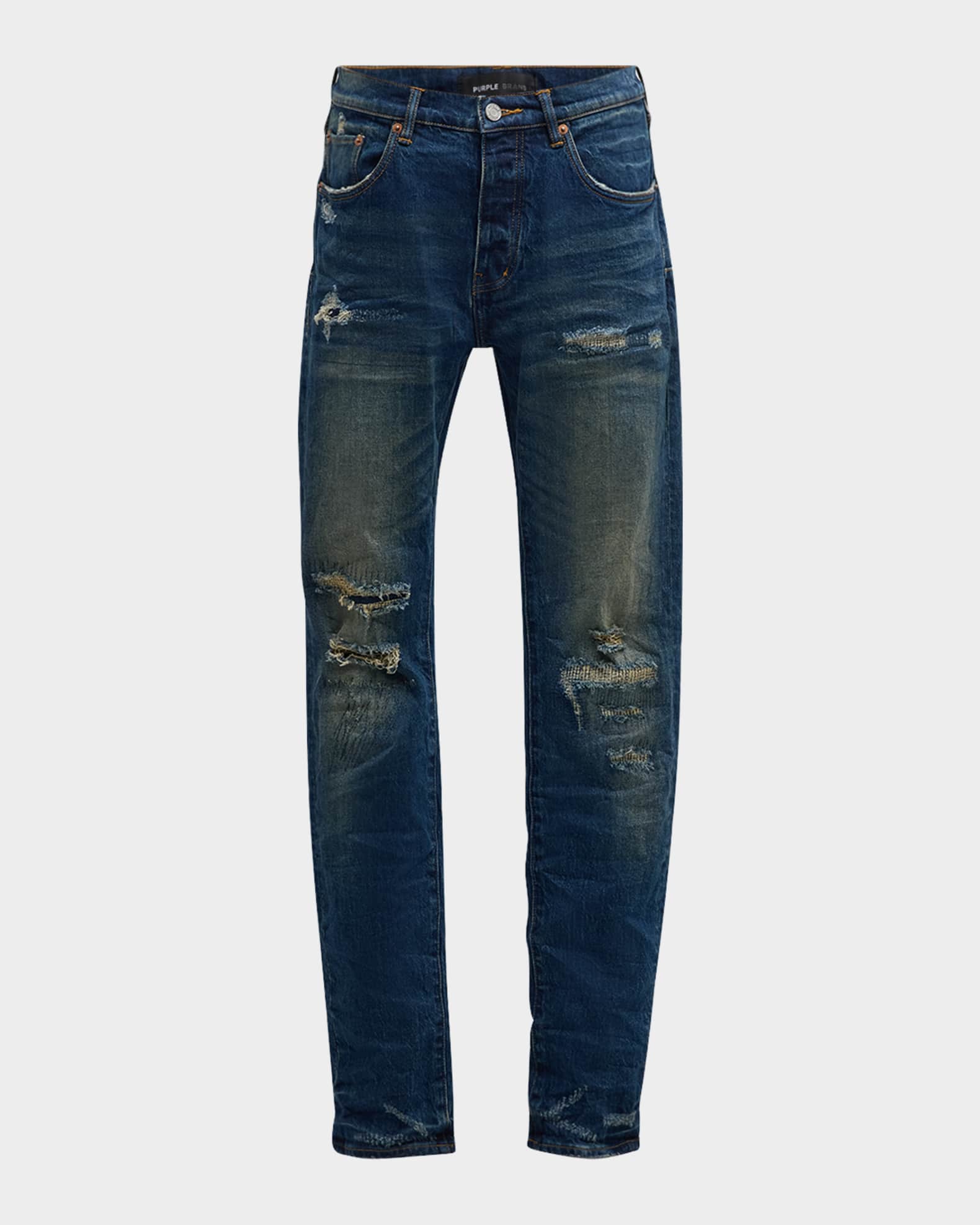 PURPLE Men's Distressed Tapered Jeans | Neiman Marcus