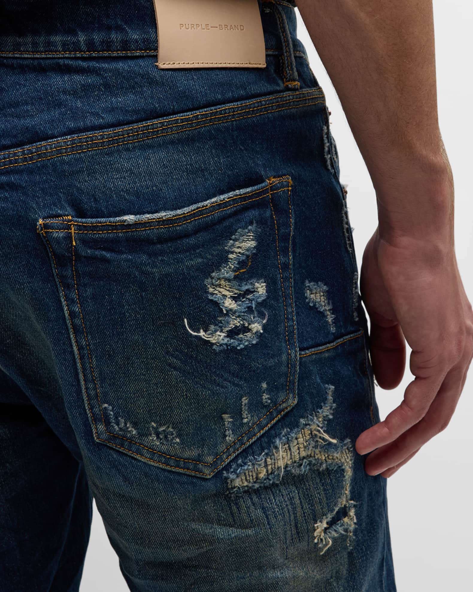 PURPLE Men's Distressed Tapered Jeans | Neiman Marcus
