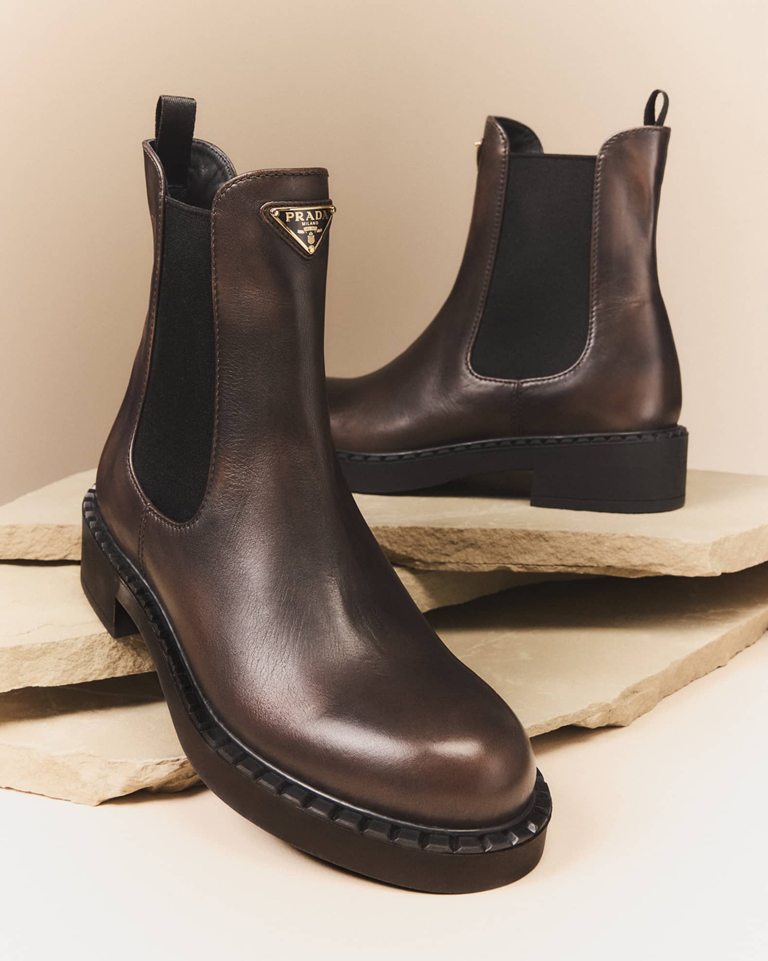 Prada Chocolate Calfskin Chelsea Ankle Boots | Neiman Marcus