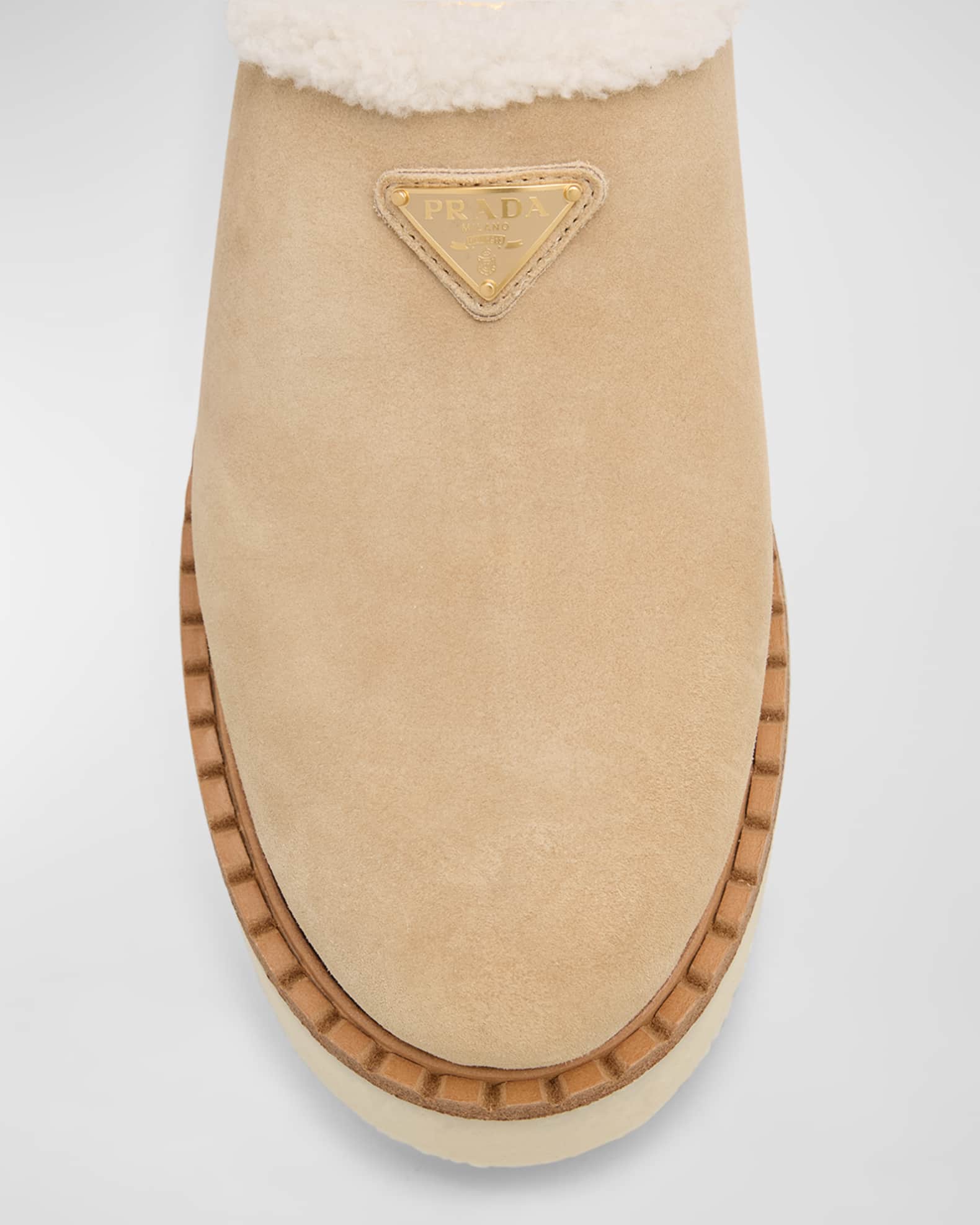 Prada Suede Shearling Cozy Platform Mules | Neiman Marcus