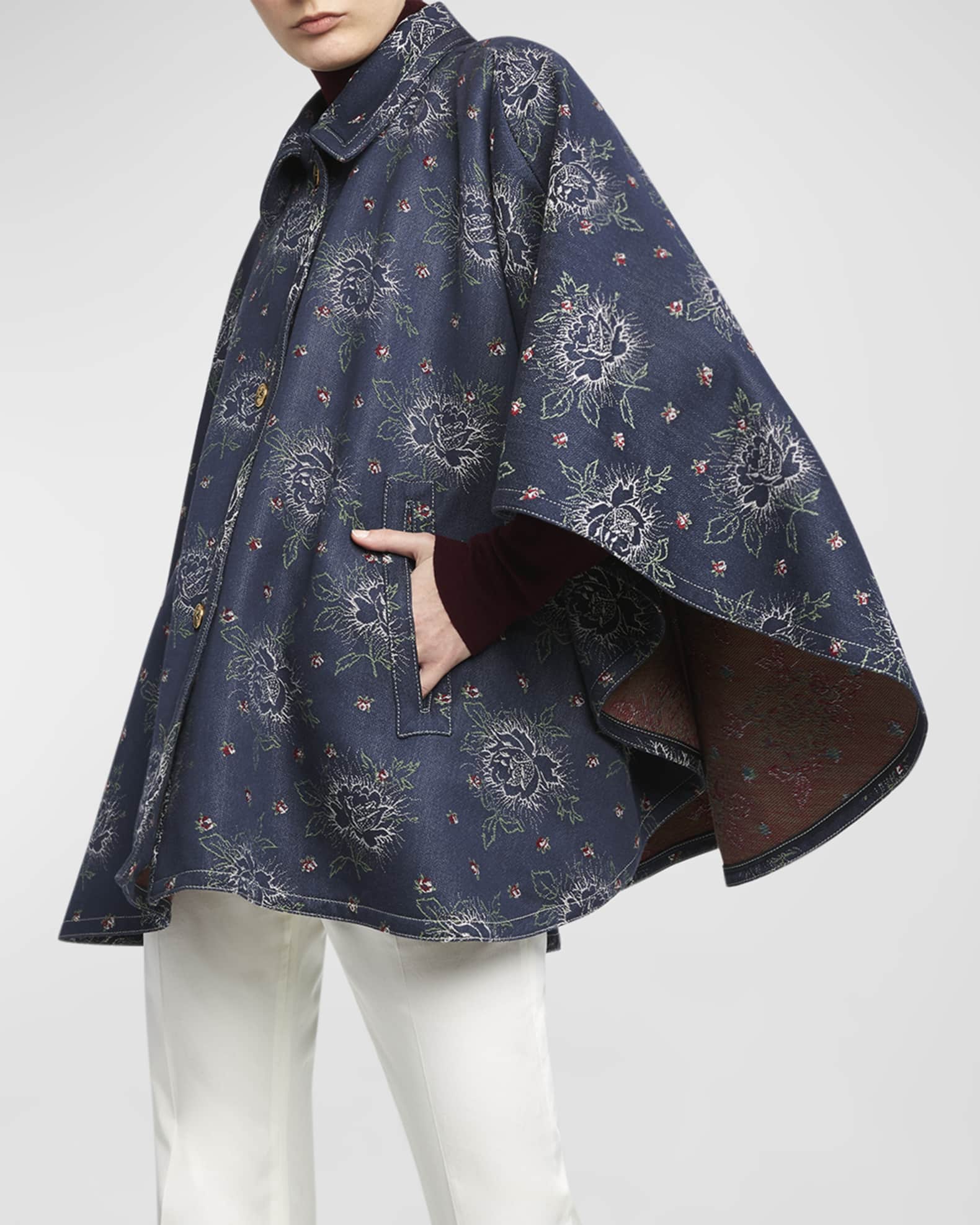 Etro Denim Embroidered Floral Cape | Neiman Marcus