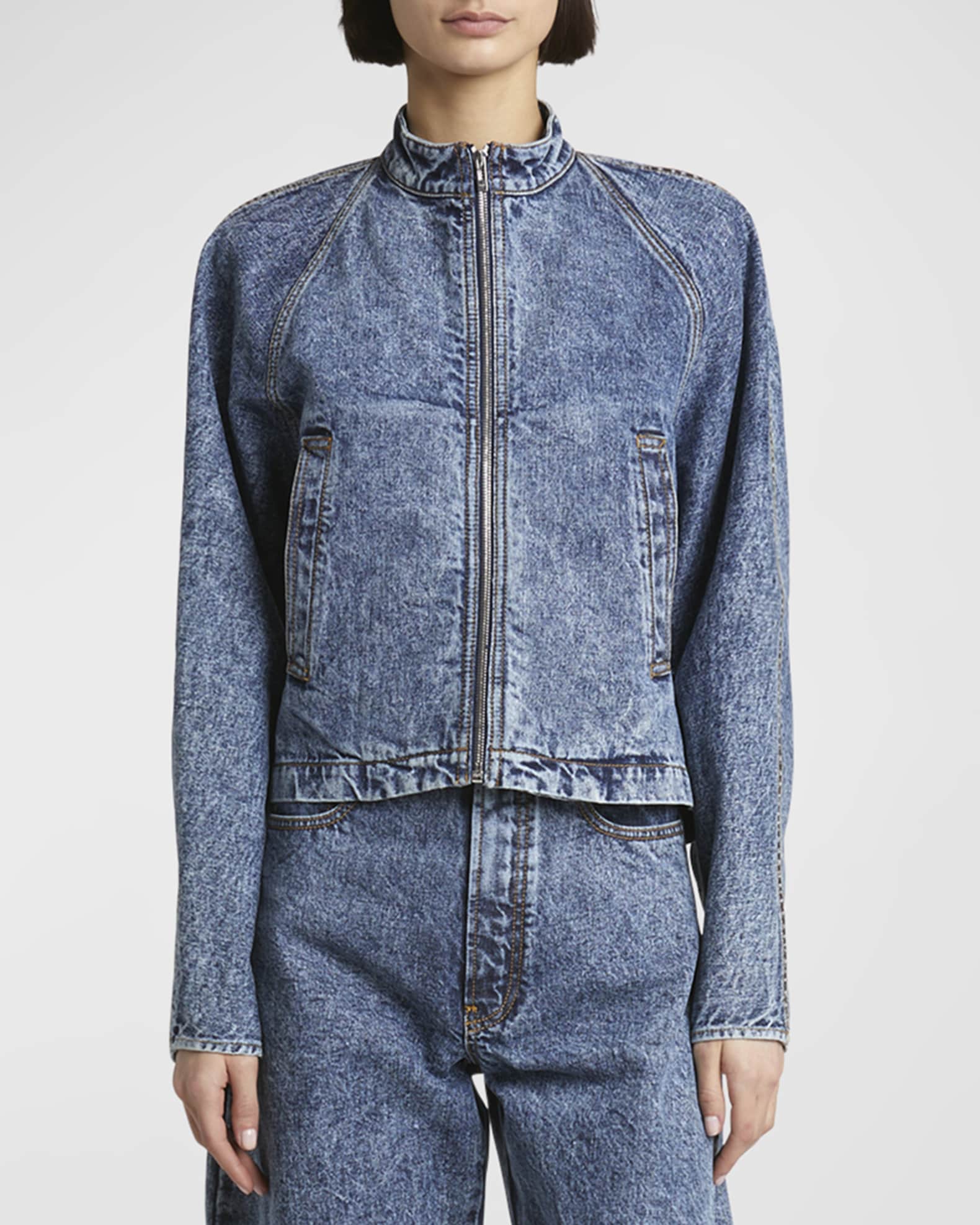ALAIA Denim Zip-Up Jacket with Rounded Sleeves | Neiman Marcus