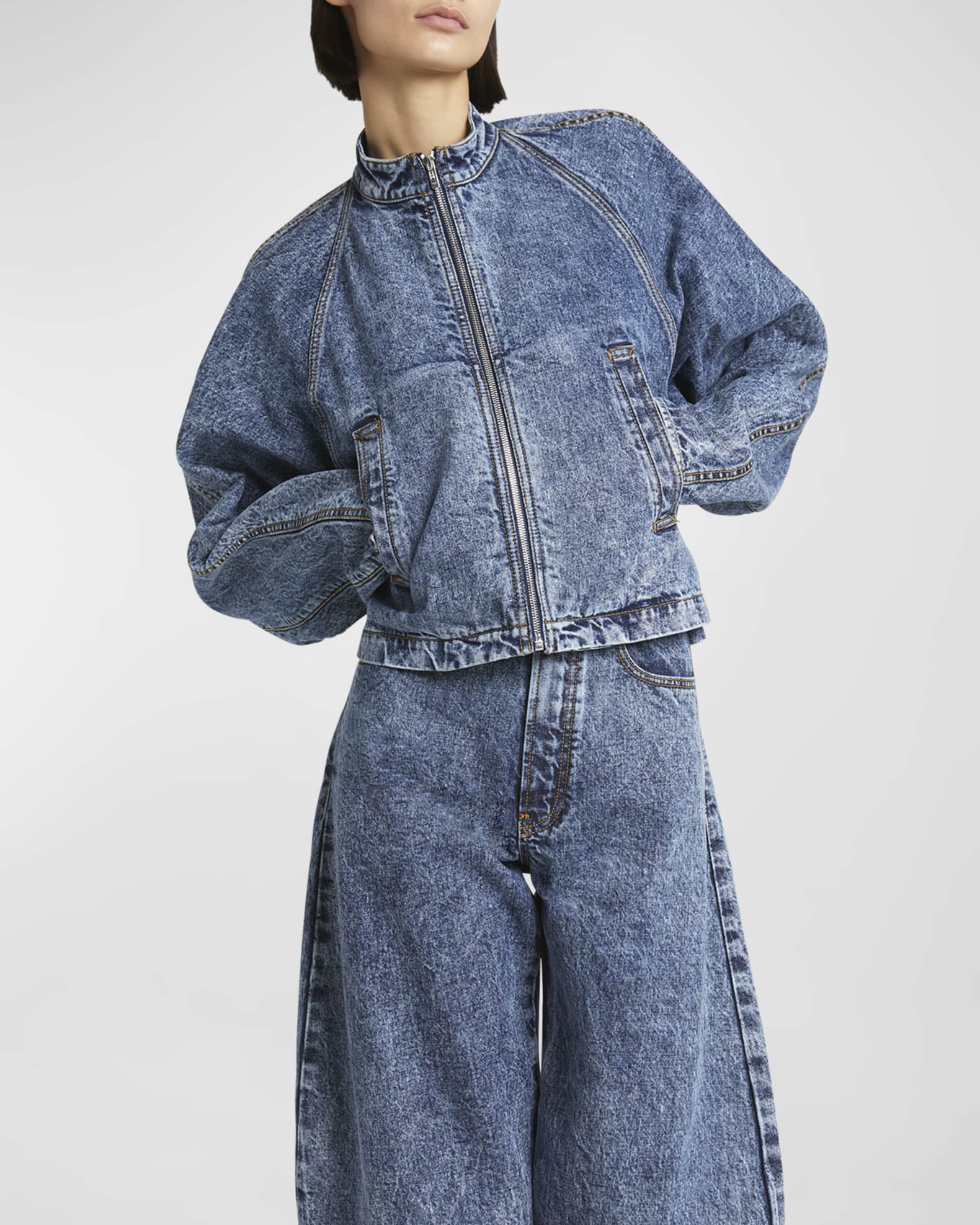 ALAIA Denim Zip-Up Jacket with Rounded Sleeves | Neiman Marcus