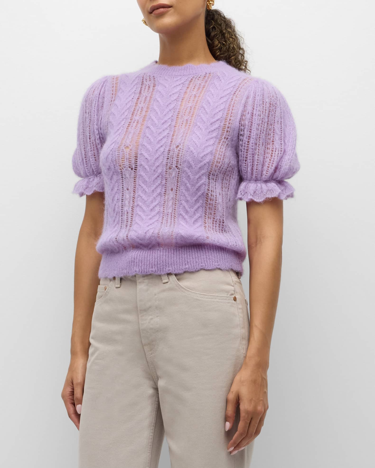 Ulla Johnson Mavis Openwork Knit Puff-Sleeve Top | Neiman Marcus