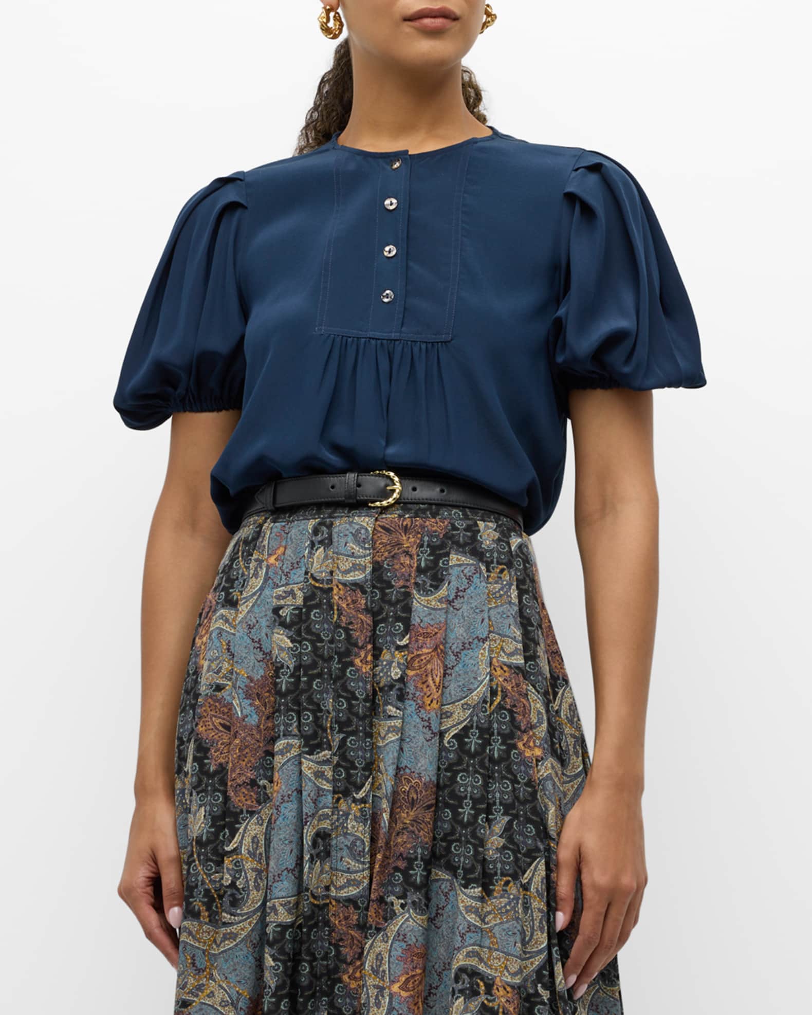 Ulla Johnson Lila Gathered Silk Puff-Sleeve Top | Neiman Marcus