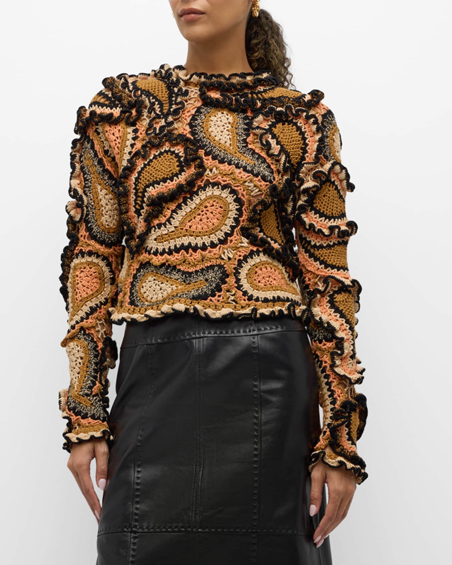 Ulla Johnson Sunara Ruffled Paisley Crochet Pullover Sweater | Neiman ...
