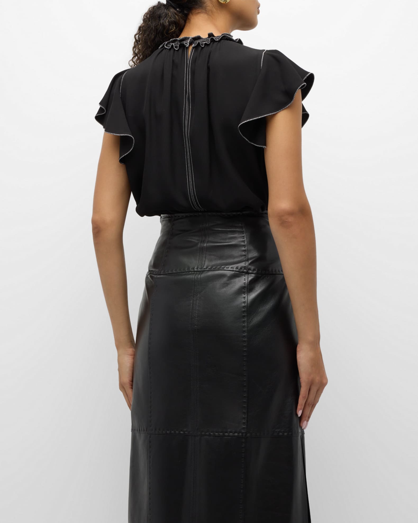 Ulla Johnson Julia Topstitched Ruffle-Sleeve Top | Neiman Marcus