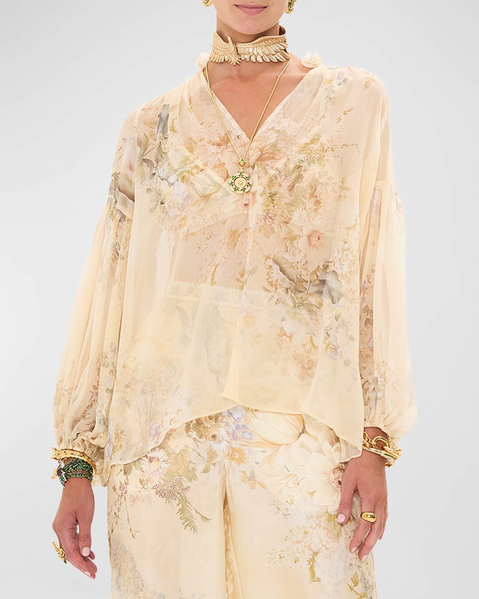 Camilla Silk Frill Collared Blouson-Sleeve Blouse | Neiman Marcus