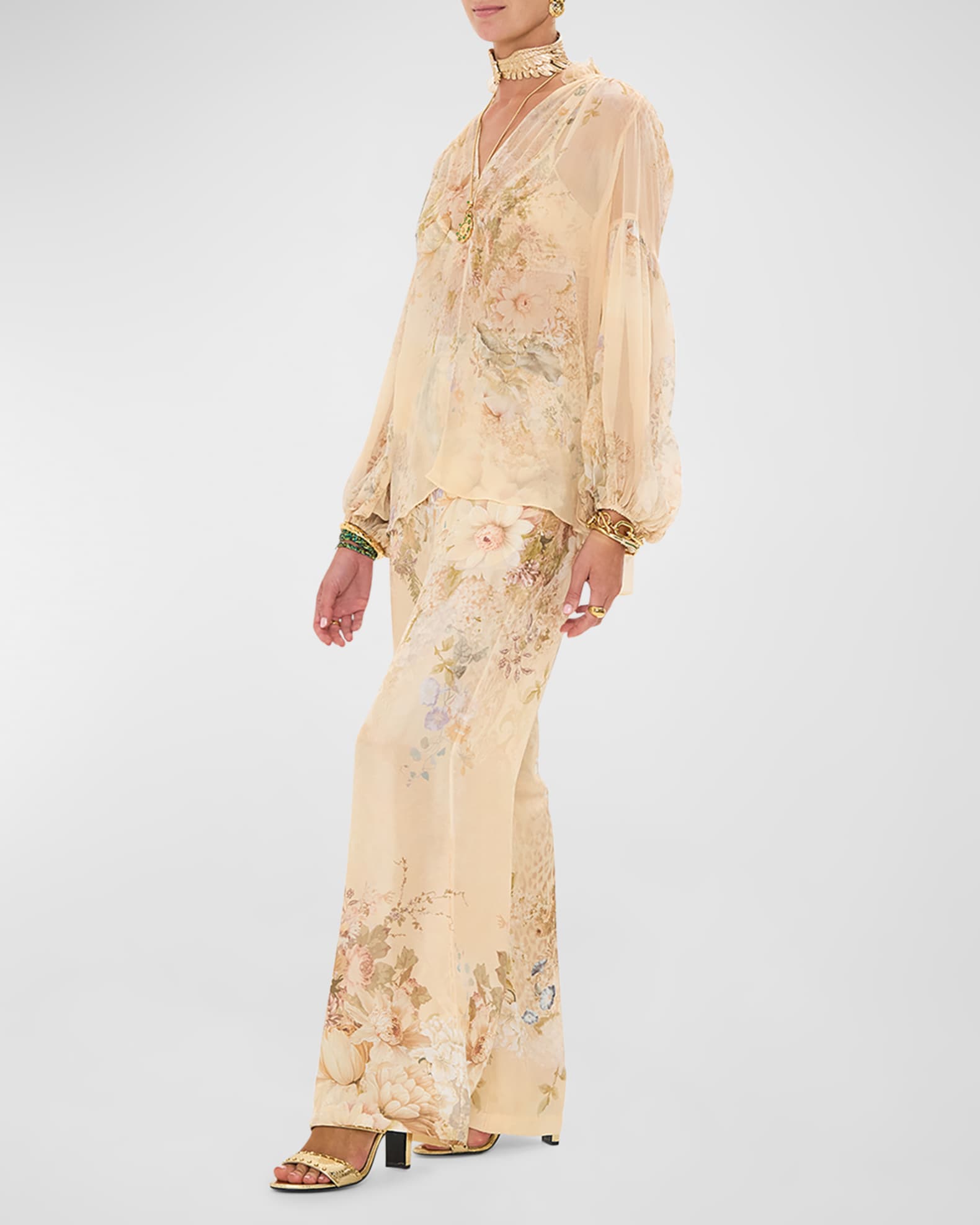 Camilla Silk Frill Collared Blouson-Sleeve Blouse | Neiman Marcus