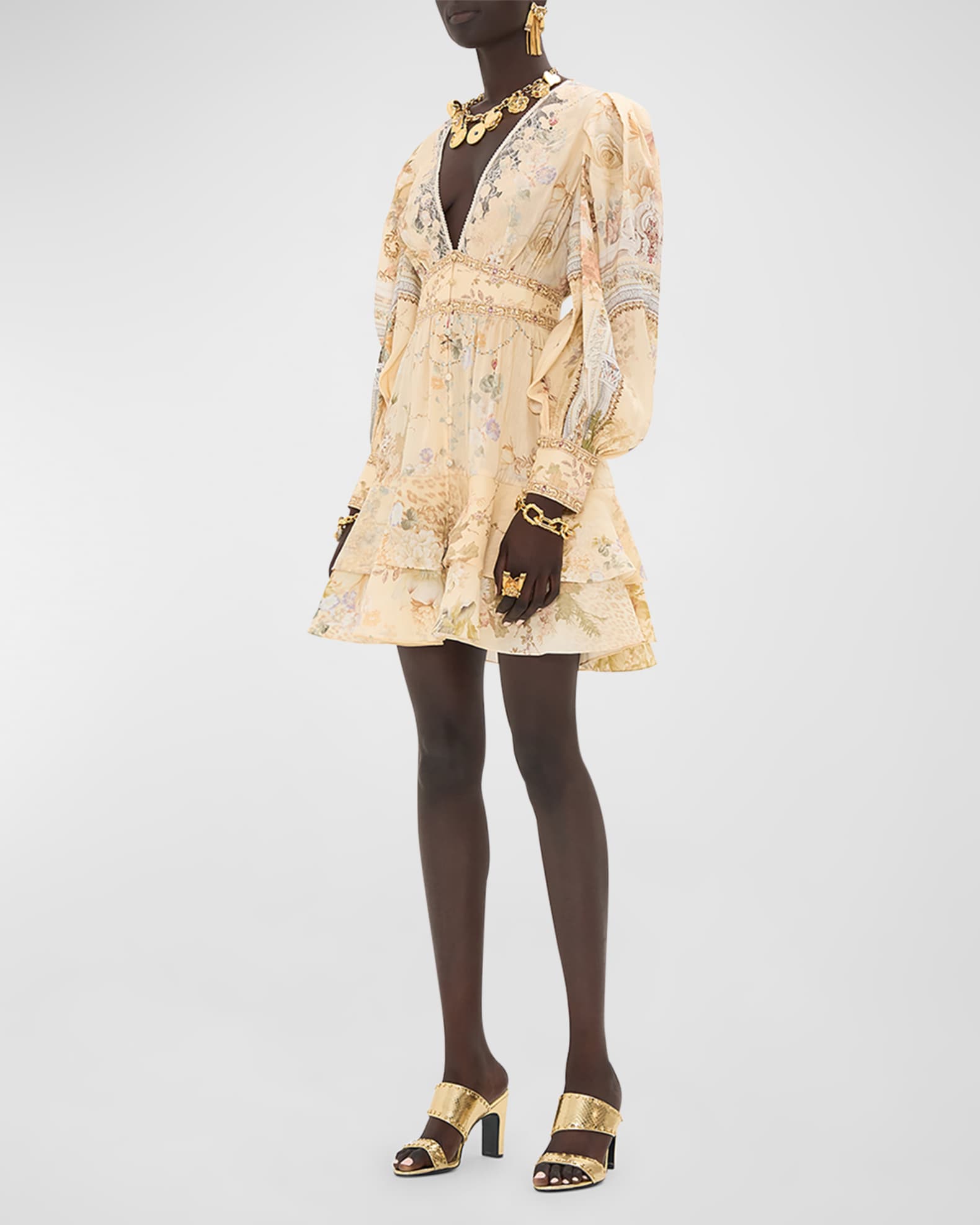 Camilla Linen and Silk Button-Front Frill Mini Dress | Neiman Marcus