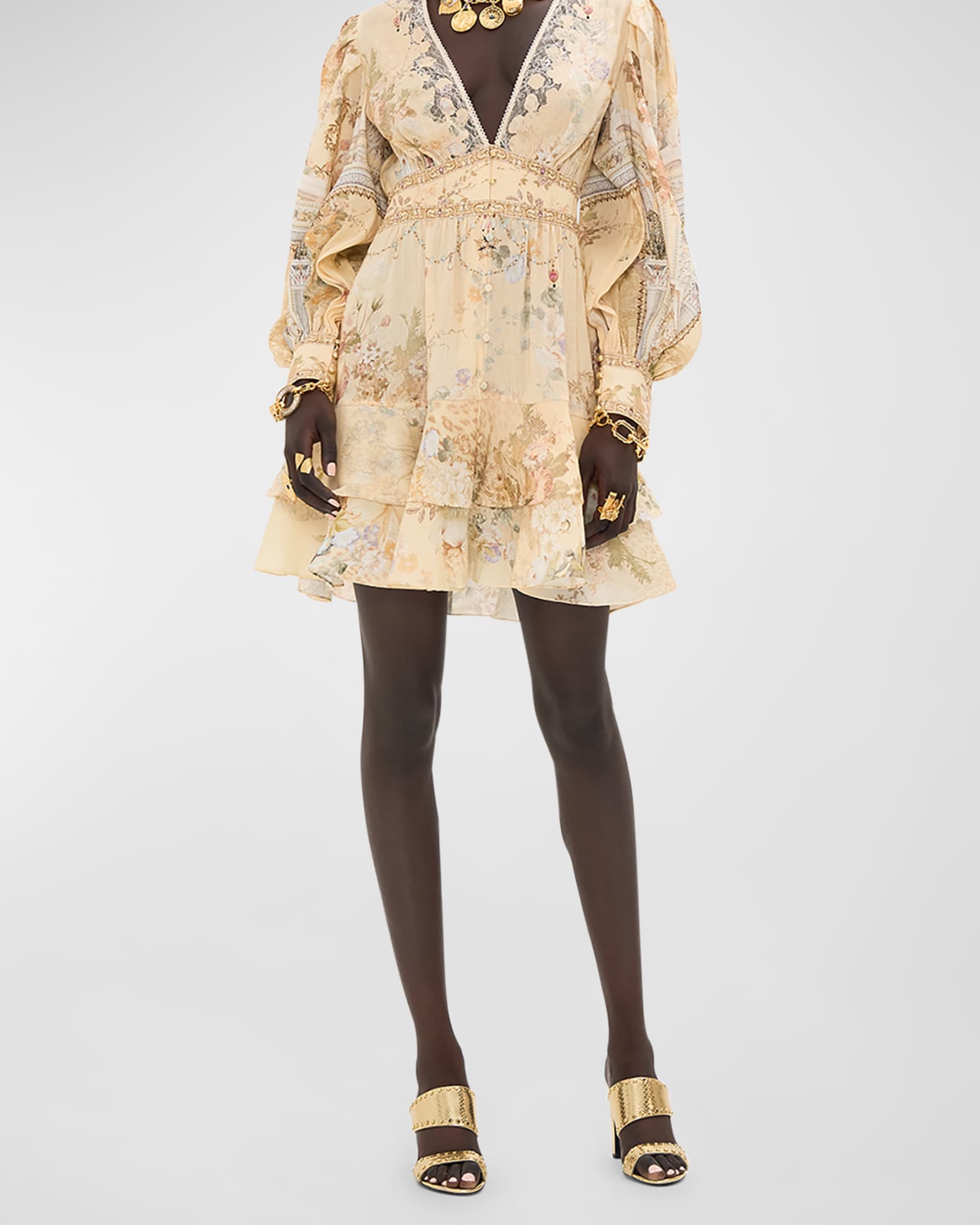 Camilla Linen and Silk Button-Front Frill Mini Dress | Neiman Marcus
