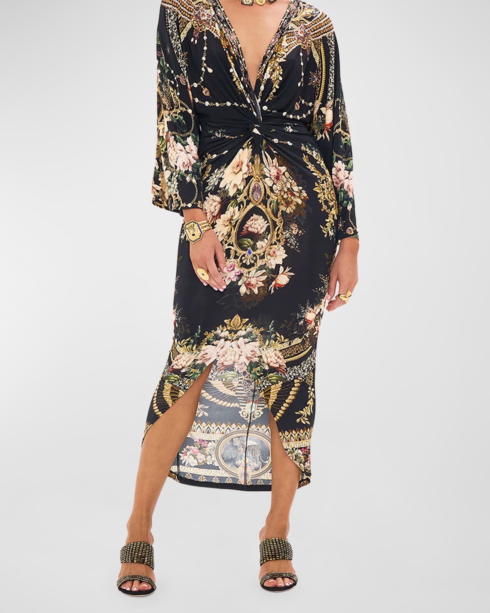 Camilla Long Split Front-Twist Floral Midi Dress | Neiman Marcus