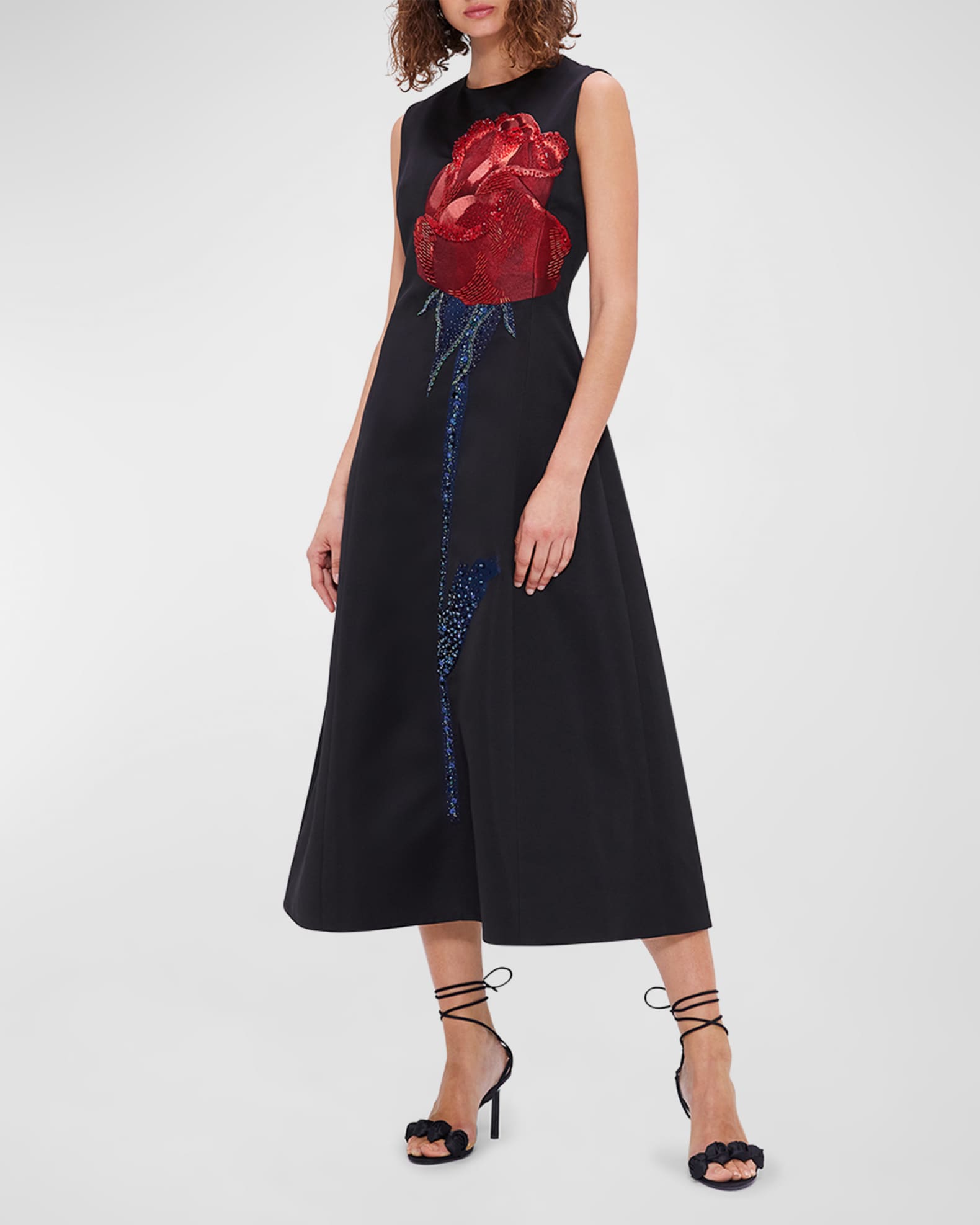LEO LIN Cleo Bead & Sequin Floral-Print Midi Dress | Neiman Marcus