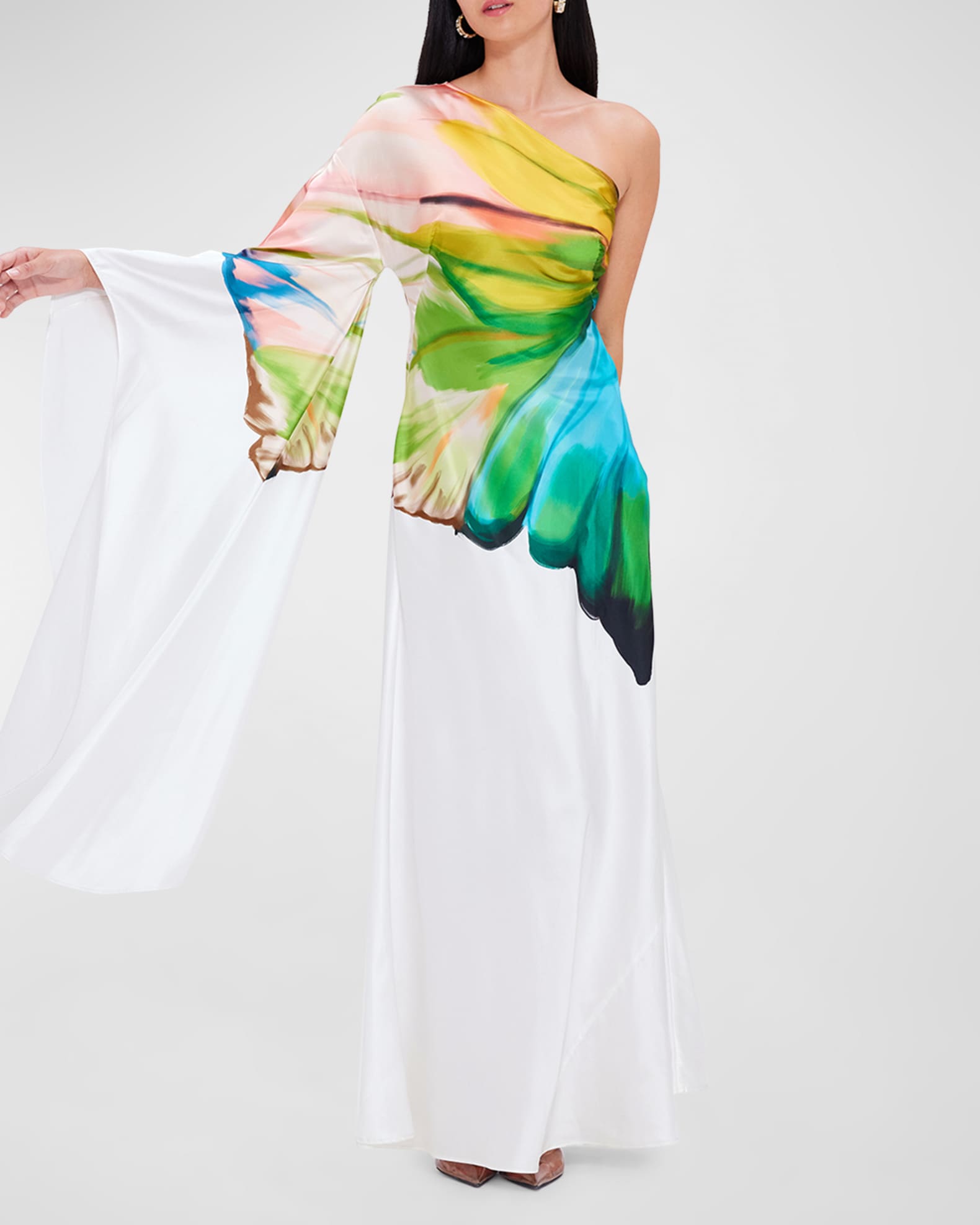LEO LIN Mei One-Shoulder Butterfly-Print Gown | Neiman Marcus