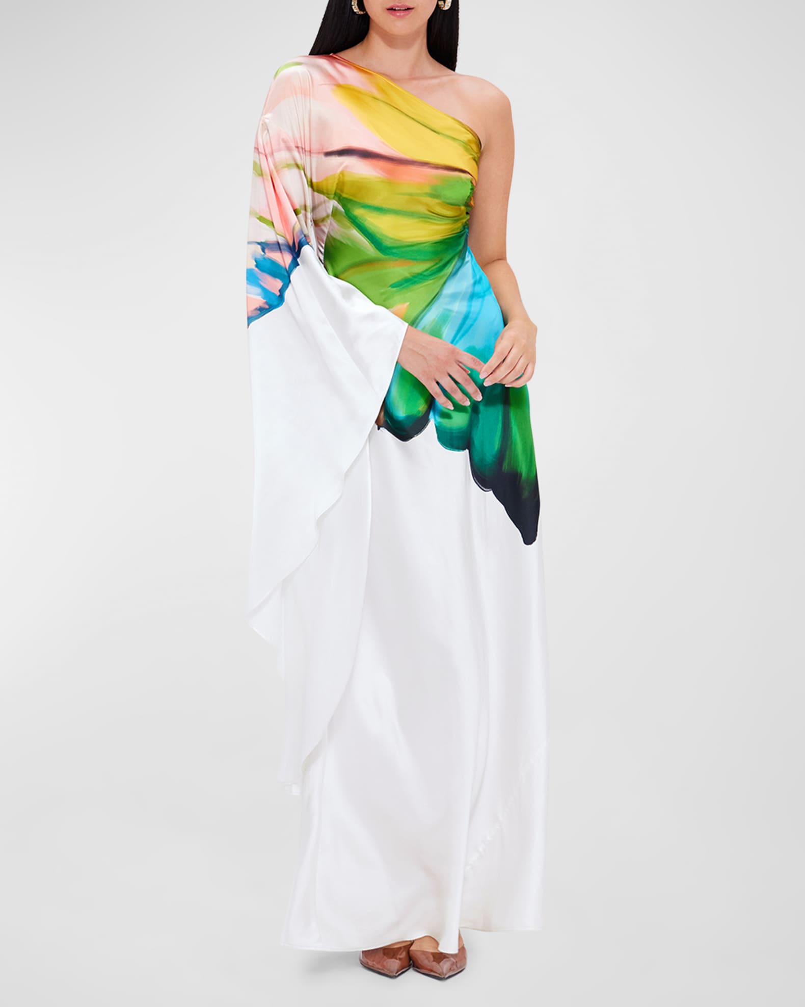 LEO LIN Mei One-Shoulder Butterfly-Print Gown | Neiman Marcus