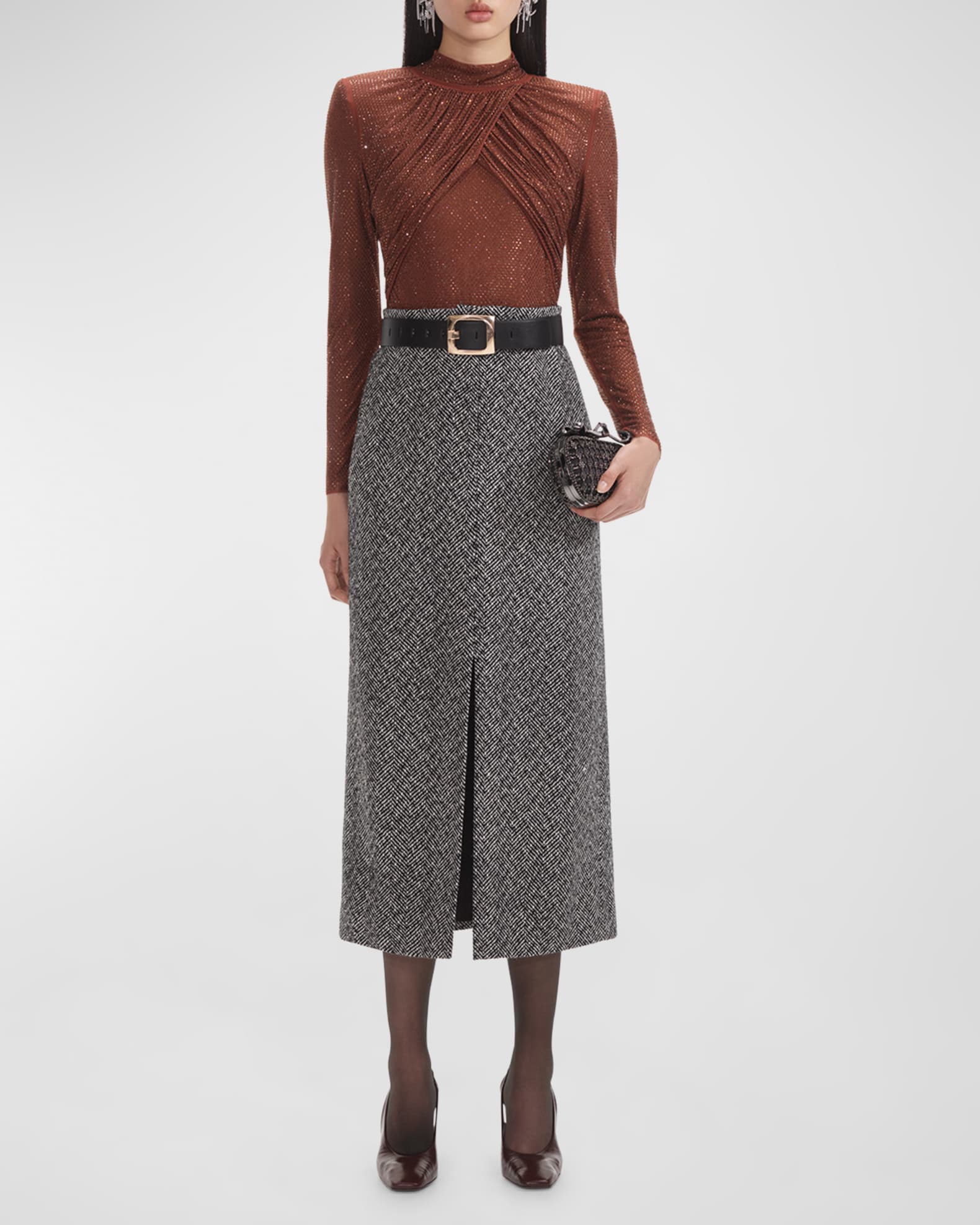 Self-Portrait Rhinestone Mesh Long-Sleeve Crossover Top | Neiman Marcus