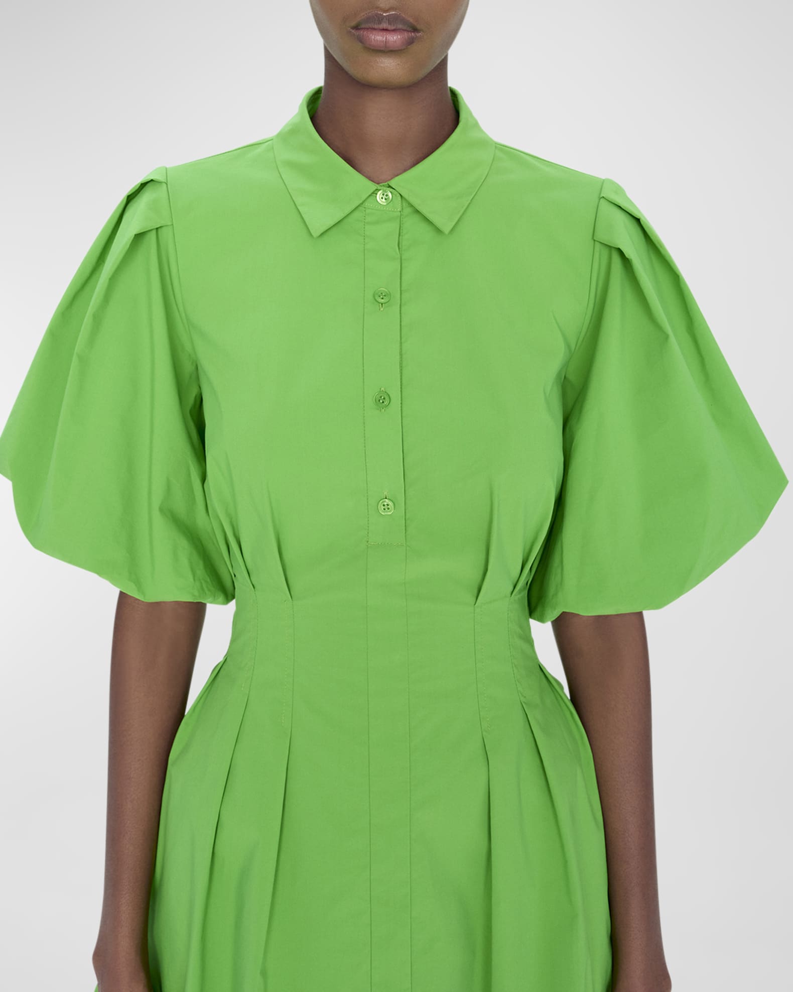 SIMKHAI Cleo Balloon-Sleeve Pleated Cotton Poplin Mini Dress | Neiman Marcus