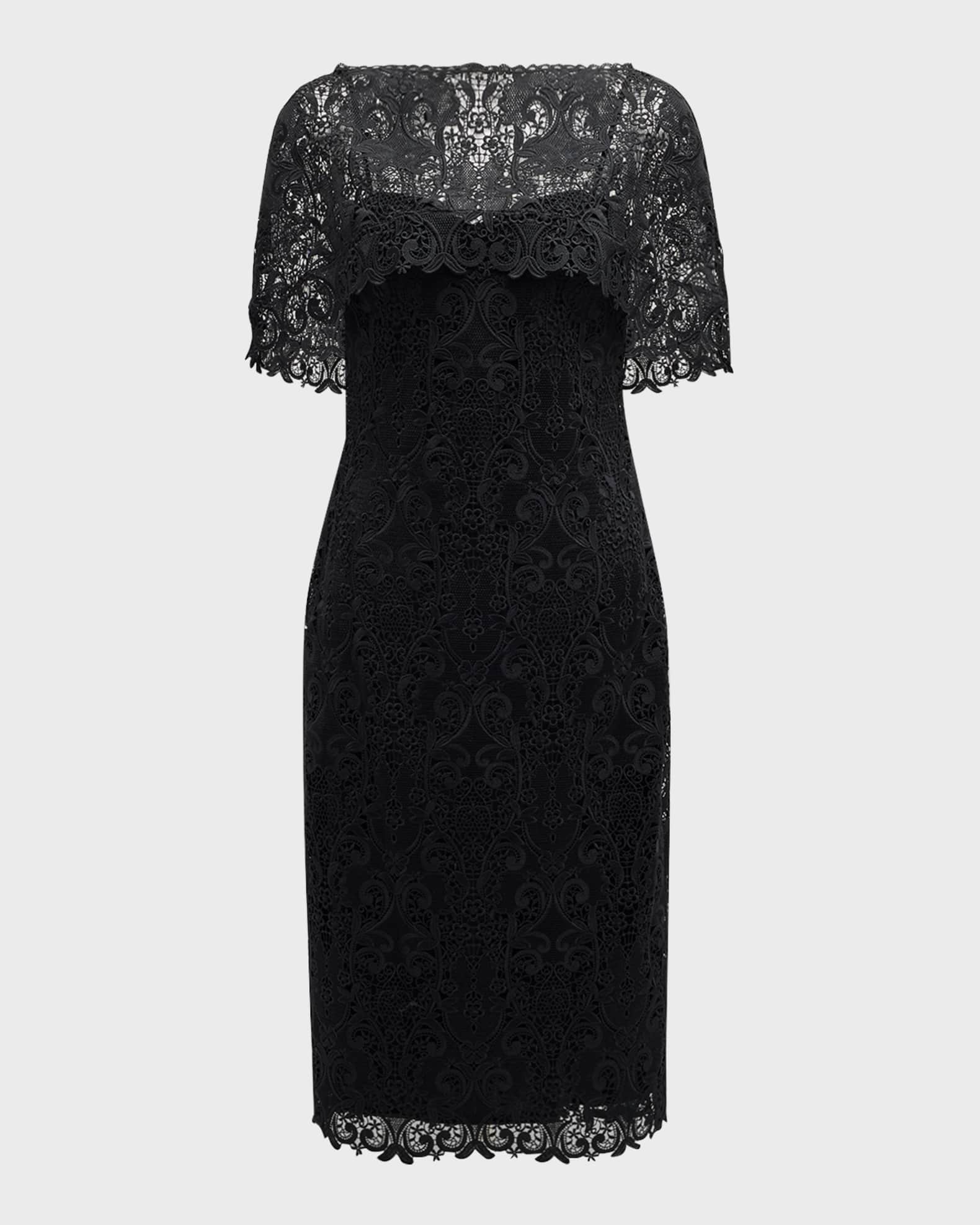 Badgley Mischka Collection Capelet Floral Lace Midi Dress | Neiman Marcus