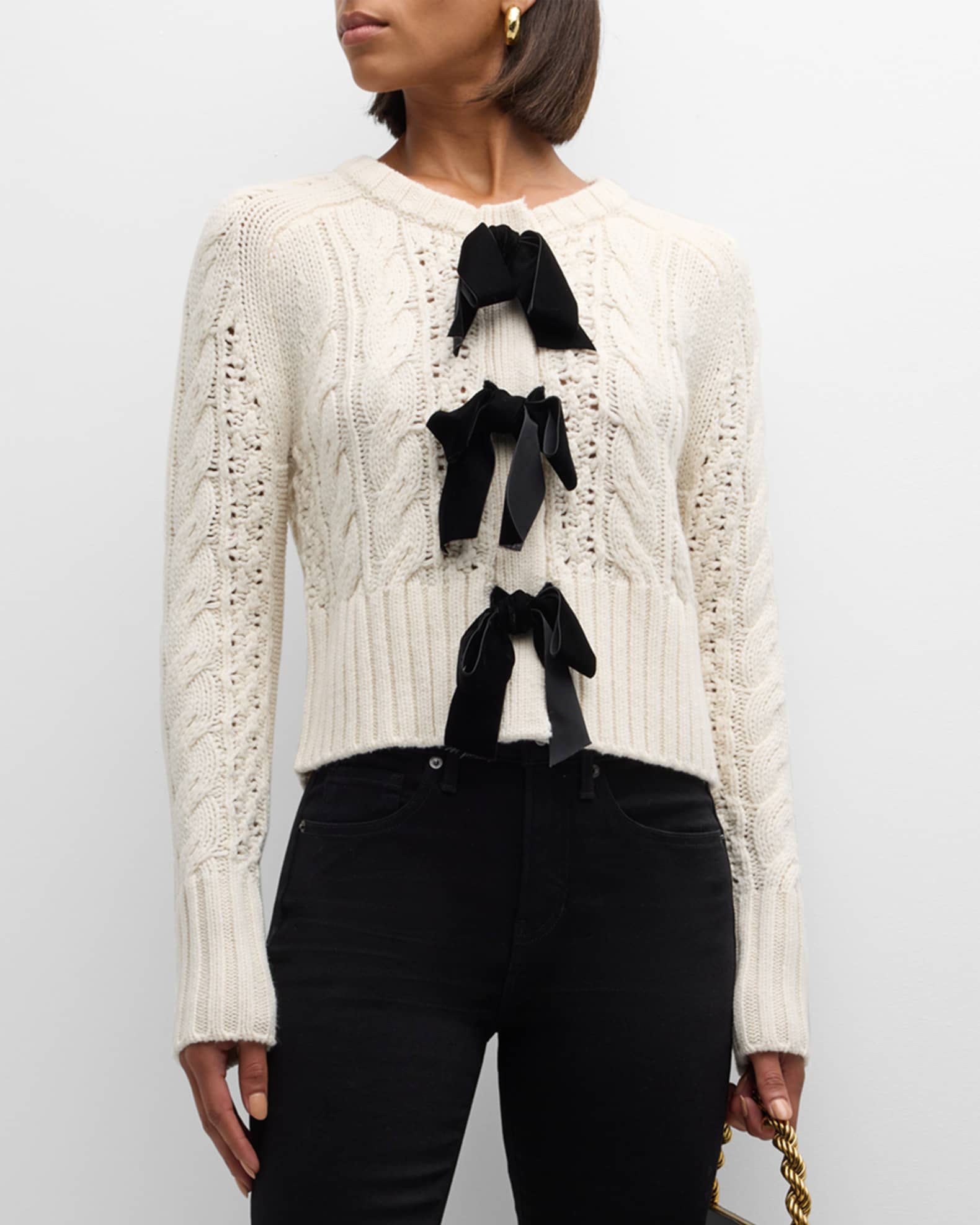 Veronica Beard Christina Cable-Knit Bow Sweater | Neiman Marcus