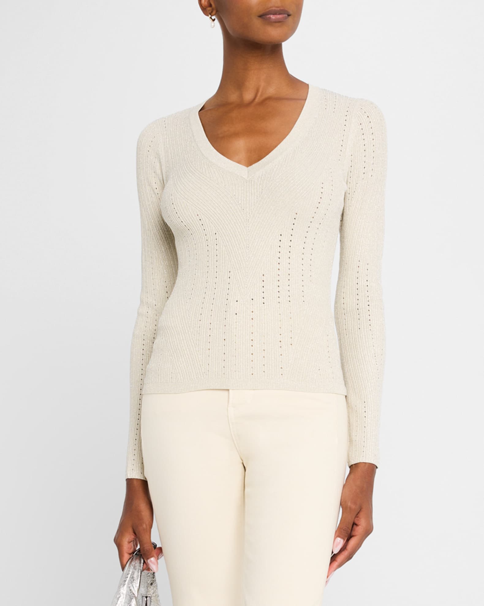 Veronica Beard Callie Metallic Knit V-Neck Sweater | Neiman Marcus