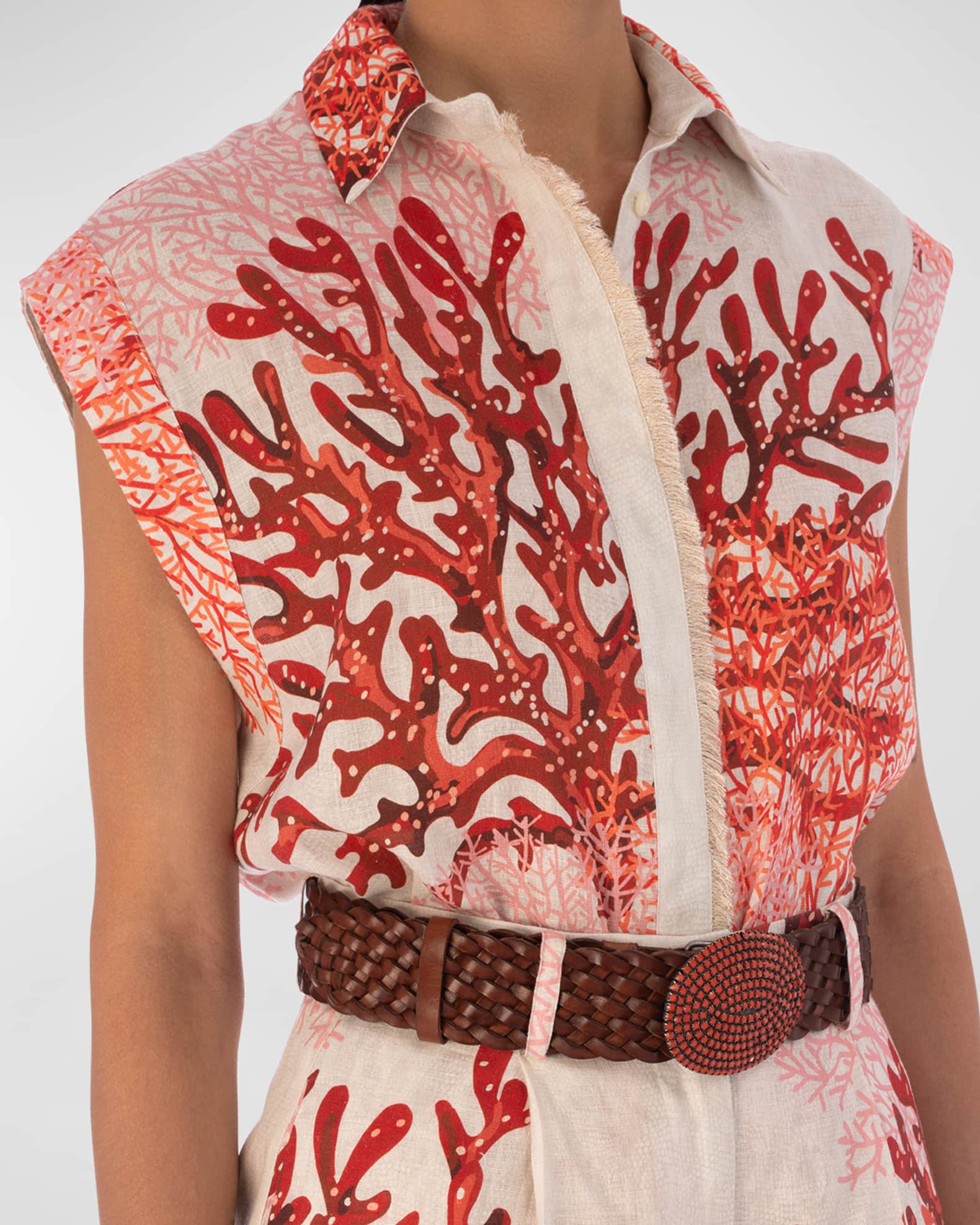 Silvia Tcherassi Rina Coral-Print Sleeveless Linen Blouse | Neiman Marcus