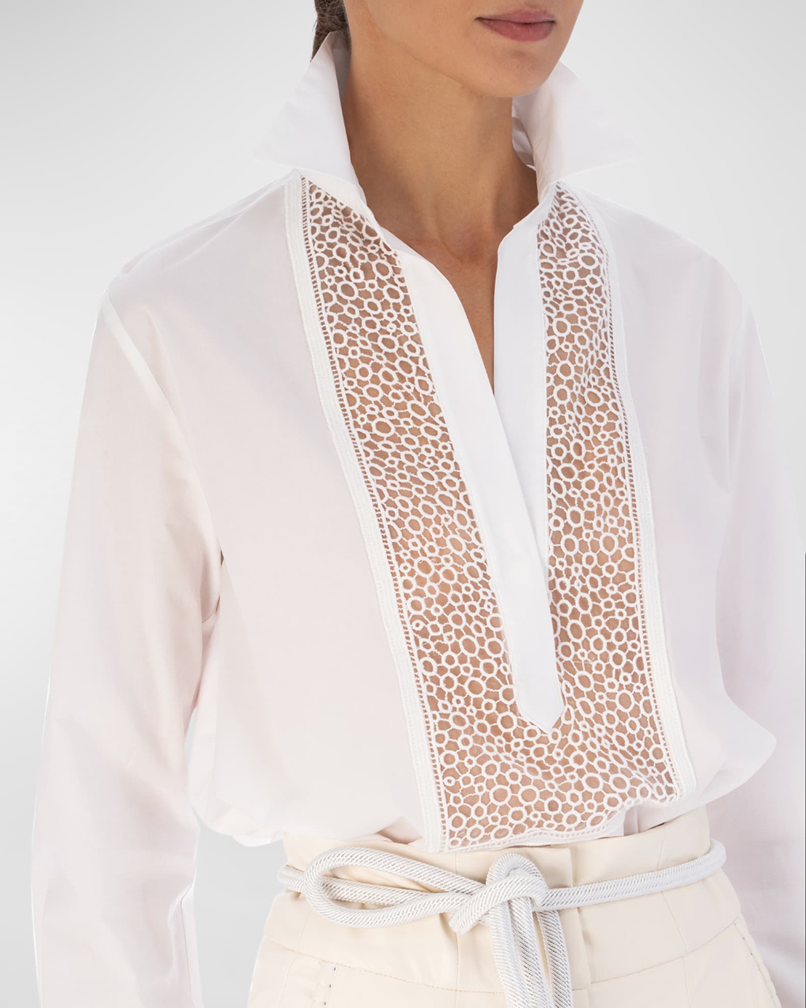Silvia Tcherassi Bega Lace Bib Long-Sleeve Collared Blouse | Neiman Marcus