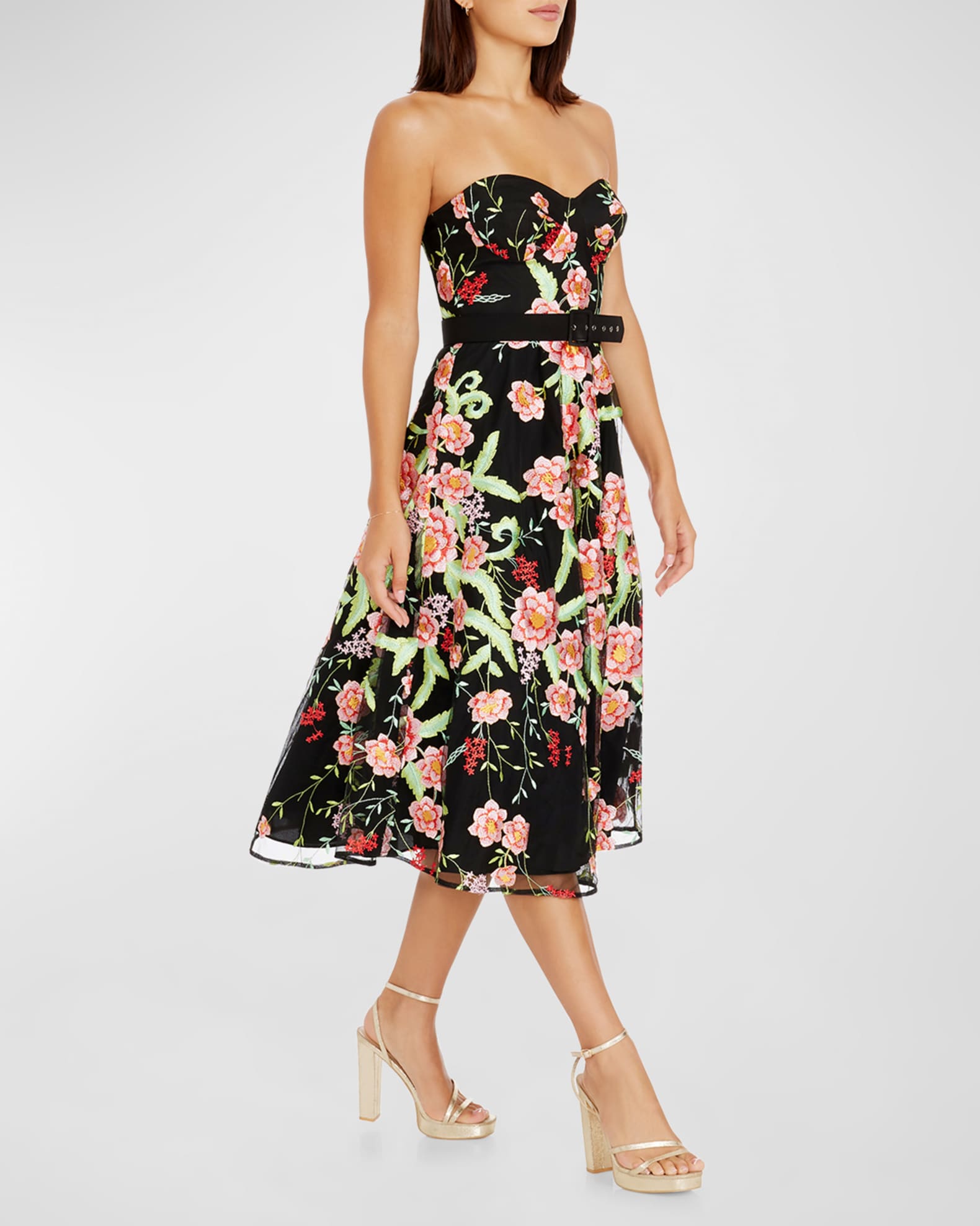 Dress the Population Black Label Mabel Strapless Floral-Embroidered Midi Dress | Neiman Marcus