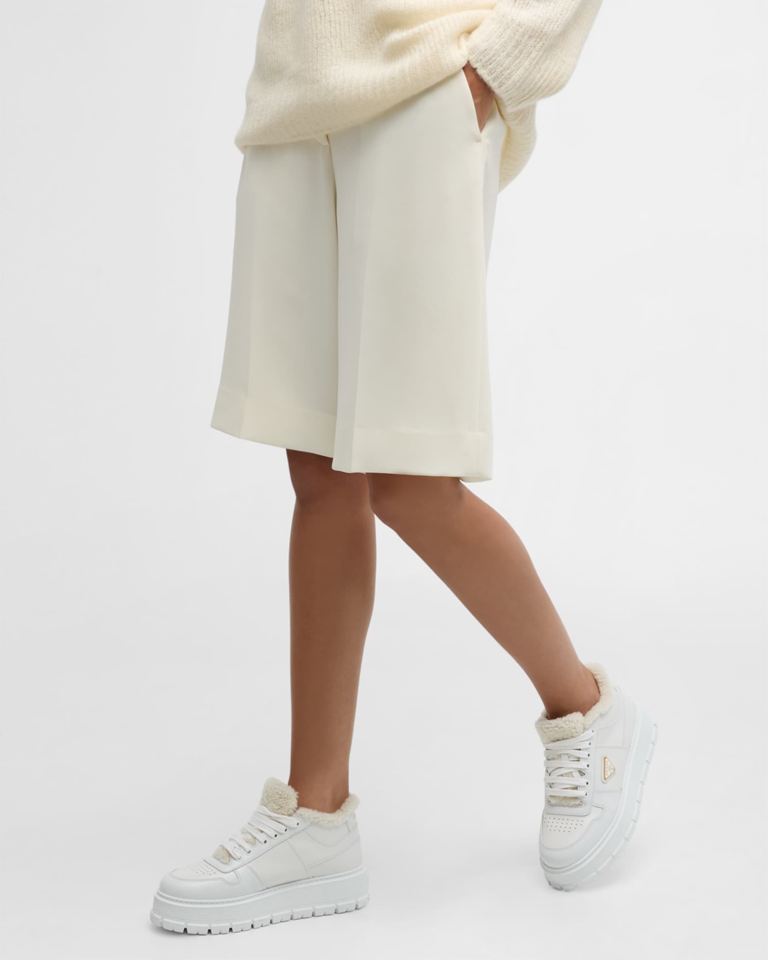 Prada Leather Shearling Mid-Top Sneakers | Neiman Marcus