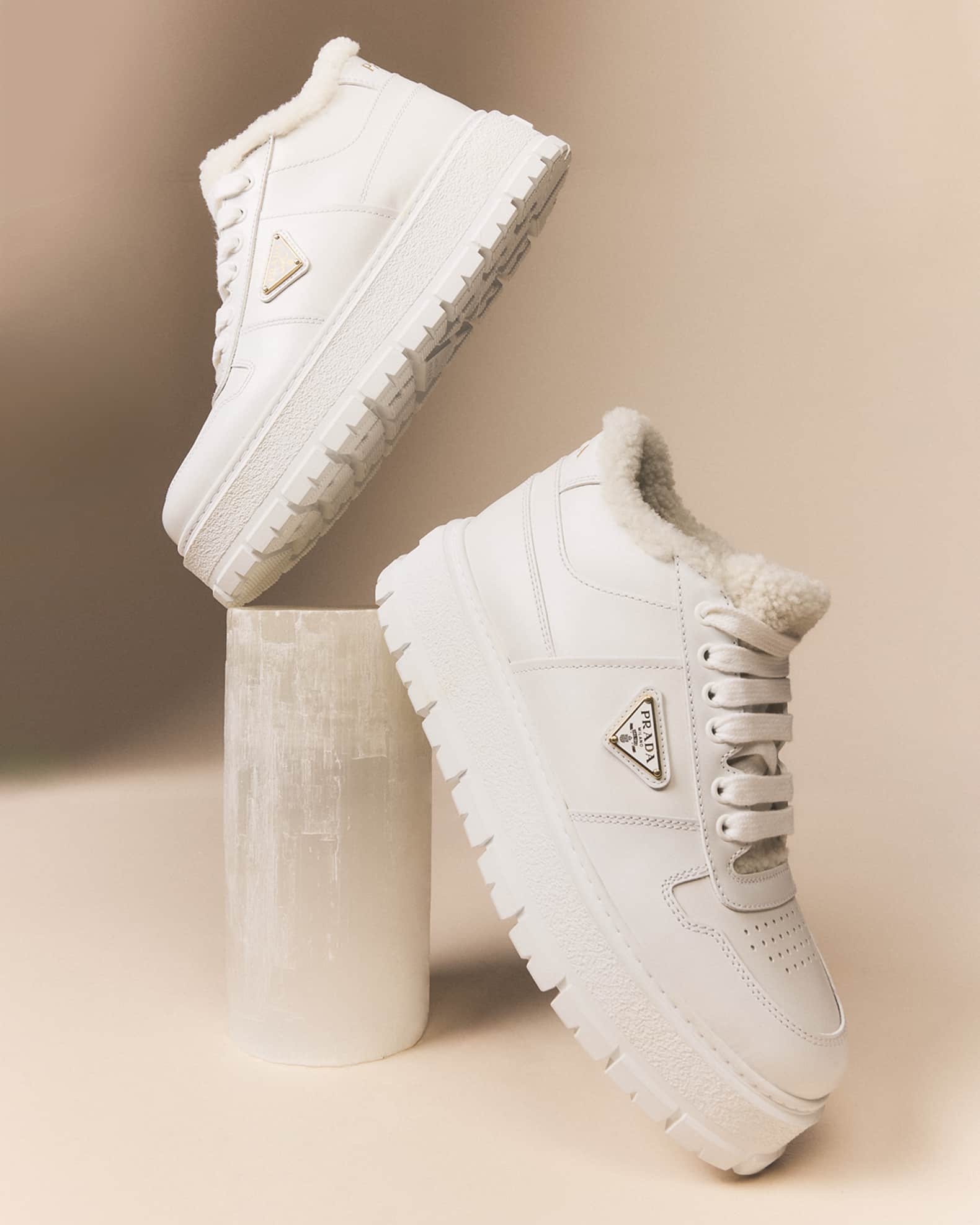 Prada Leather Shearling Mid-Top Sneakers | Neiman Marcus