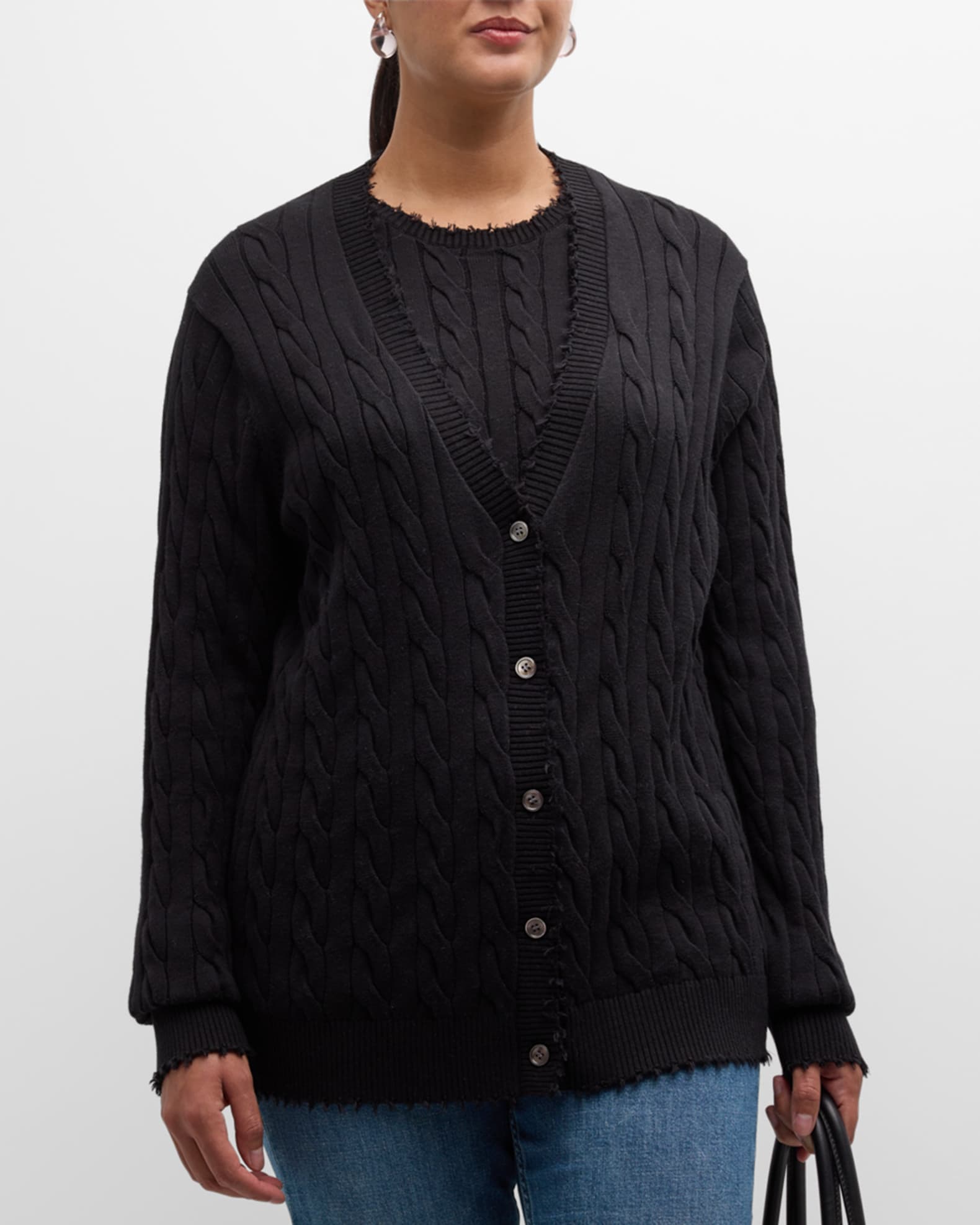 Minnie Rose Plus Size Frayed Cable-Knit Cardigan | Neiman Marcus