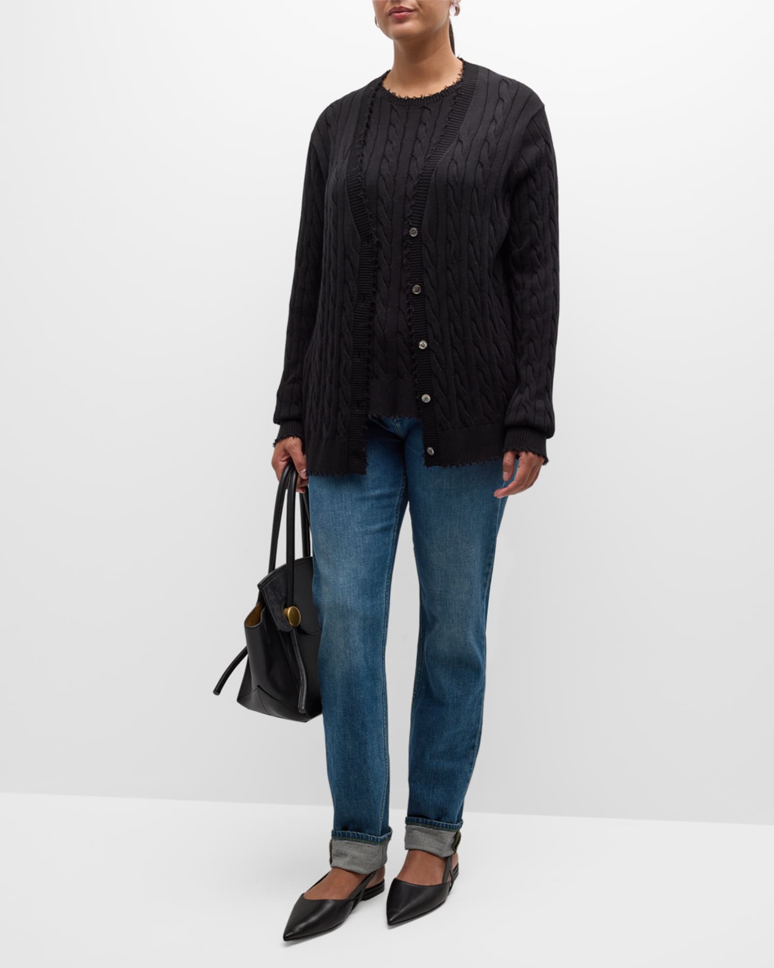 Minnie Rose Plus Size Frayed Cable-Knit Cardigan | Neiman Marcus