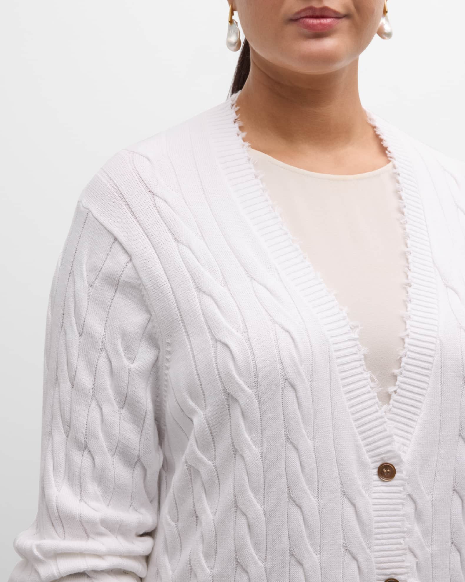 Minnie Rose Plus Size Frayed Cable-Knit Cardigan | Neiman Marcus