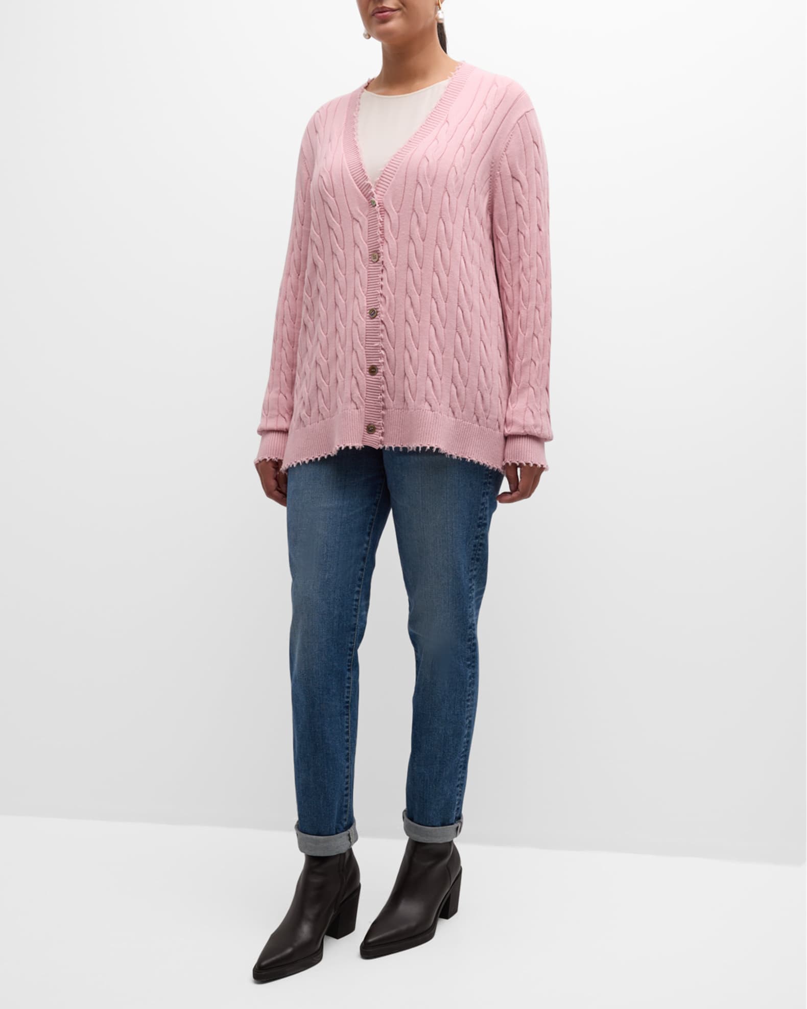 Minnie Rose Plus Size Frayed Cable-Knit Cardigan | Neiman Marcus