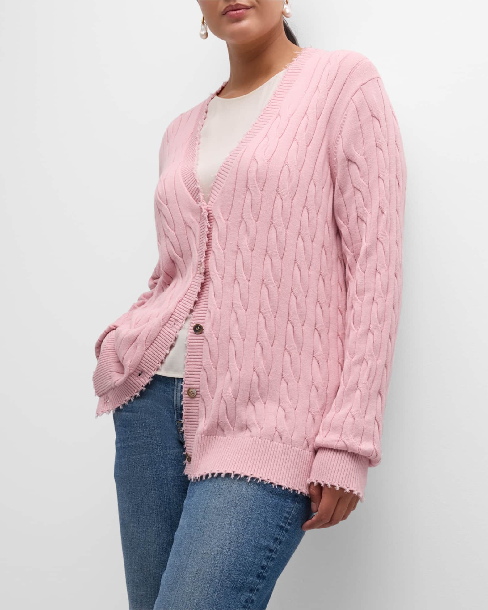 Minnie Rose Plus Size Frayed Cable-Knit Cardigan | Neiman Marcus
